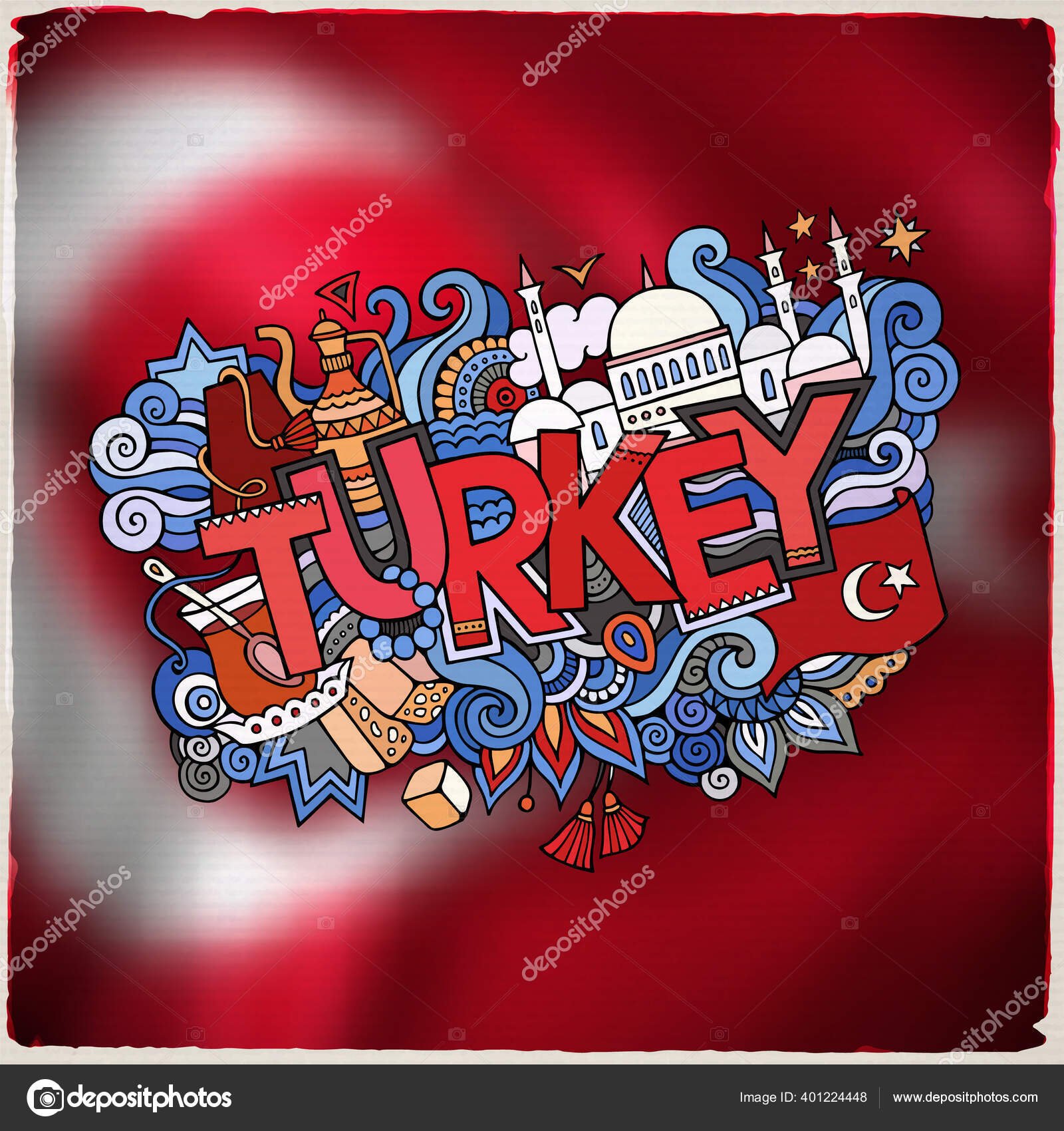 Turkey Hand Lettering Doodles Elements Symbols Emblem Vector Blurred ...
