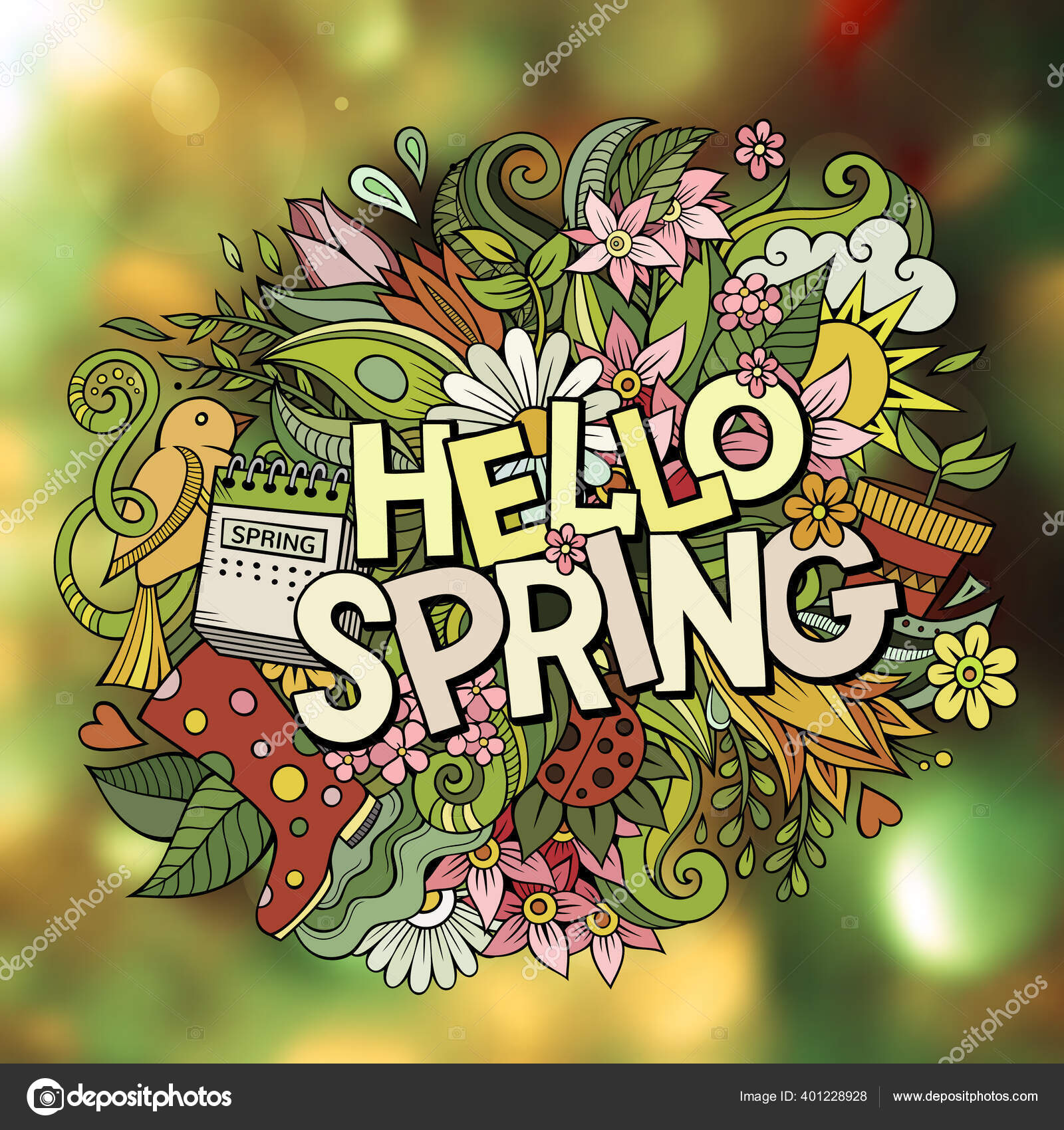 Cartoon Cute Doodles Hand Drawn Hello Spring Word Colorful Illustration ...