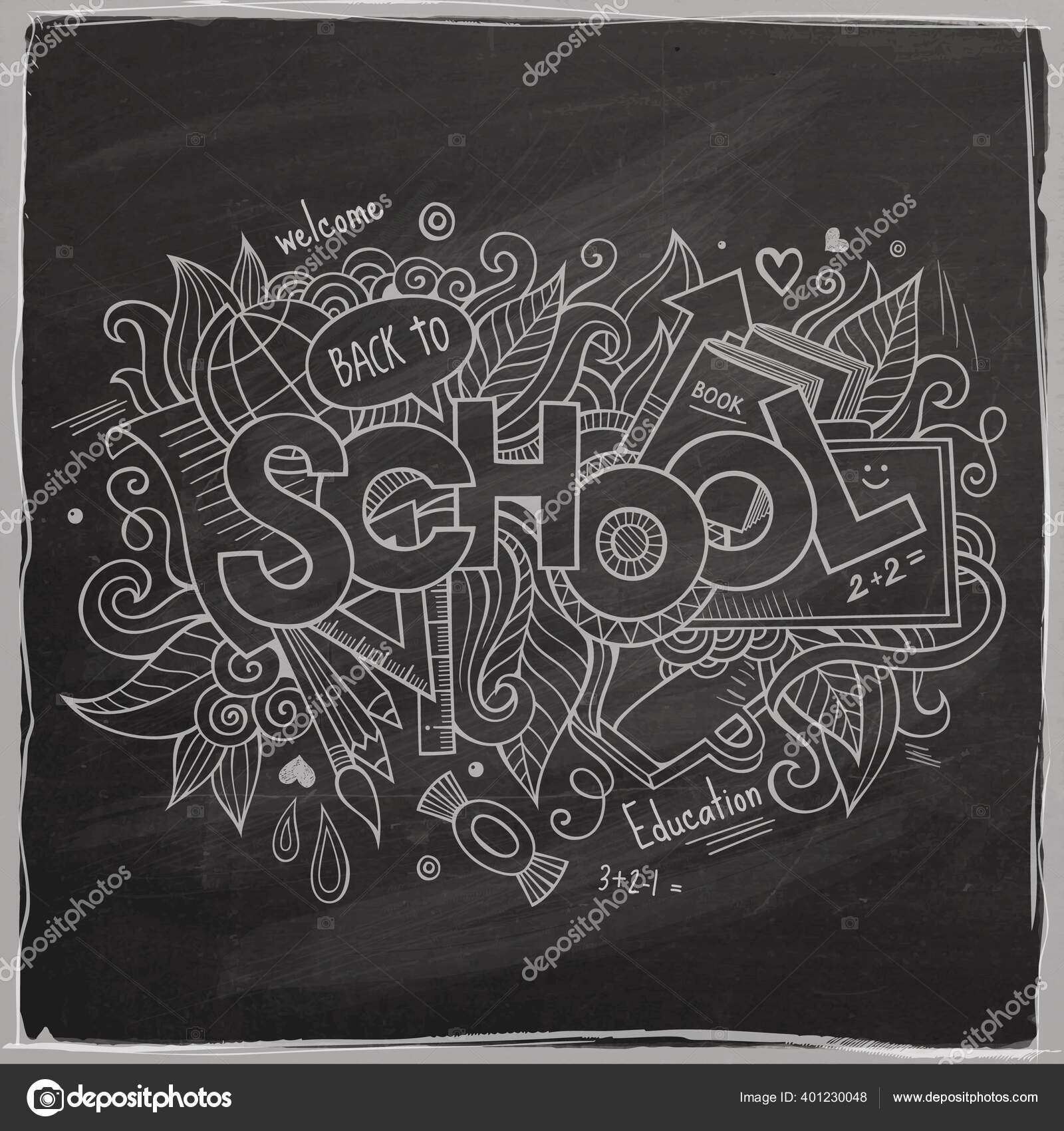 School Vector Hand Lettering Doodles Elements Chalkboard Background ...