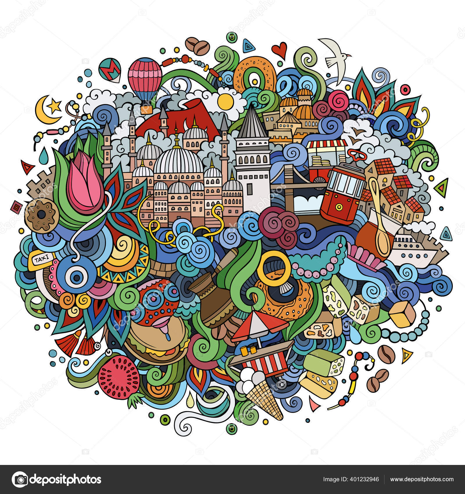 Istanbul Doodles Elements Symbols Background Vector Hand Drawn ...