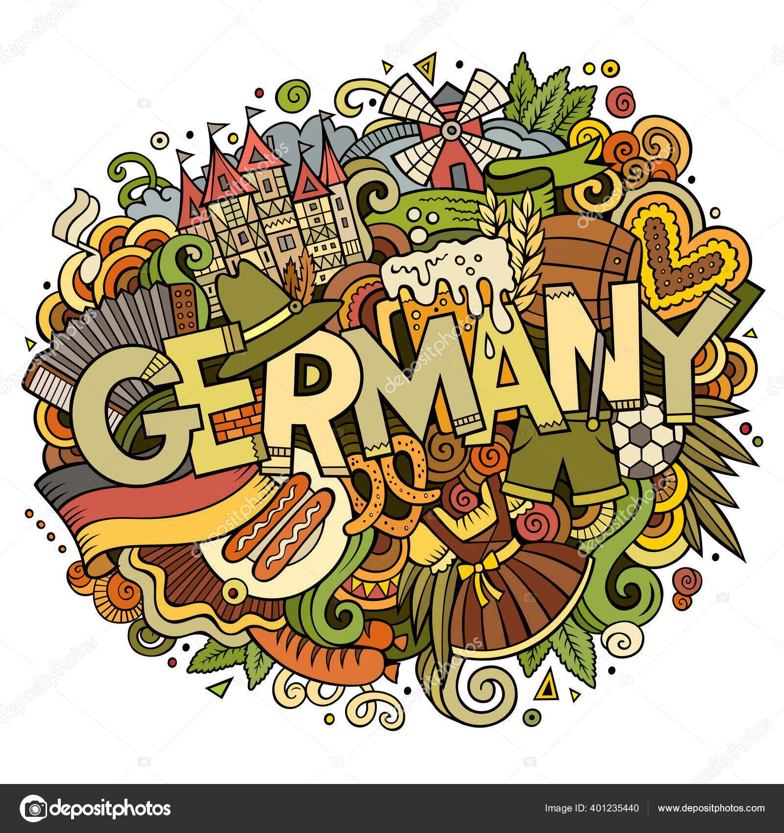Cartoon Cute Doodles Hand Drawn Germany Inscription Colorful ...