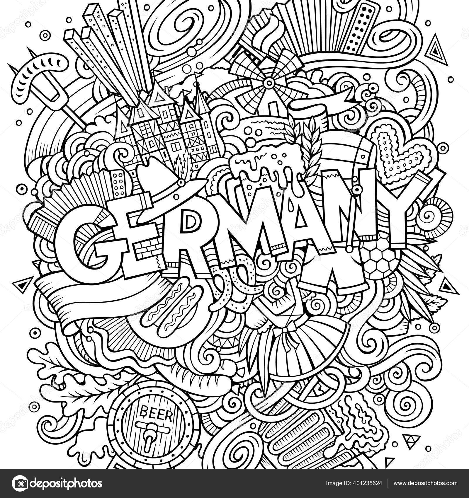 Cartoon Cute Doodles Hand Drawn Germany Inscription Contour ...