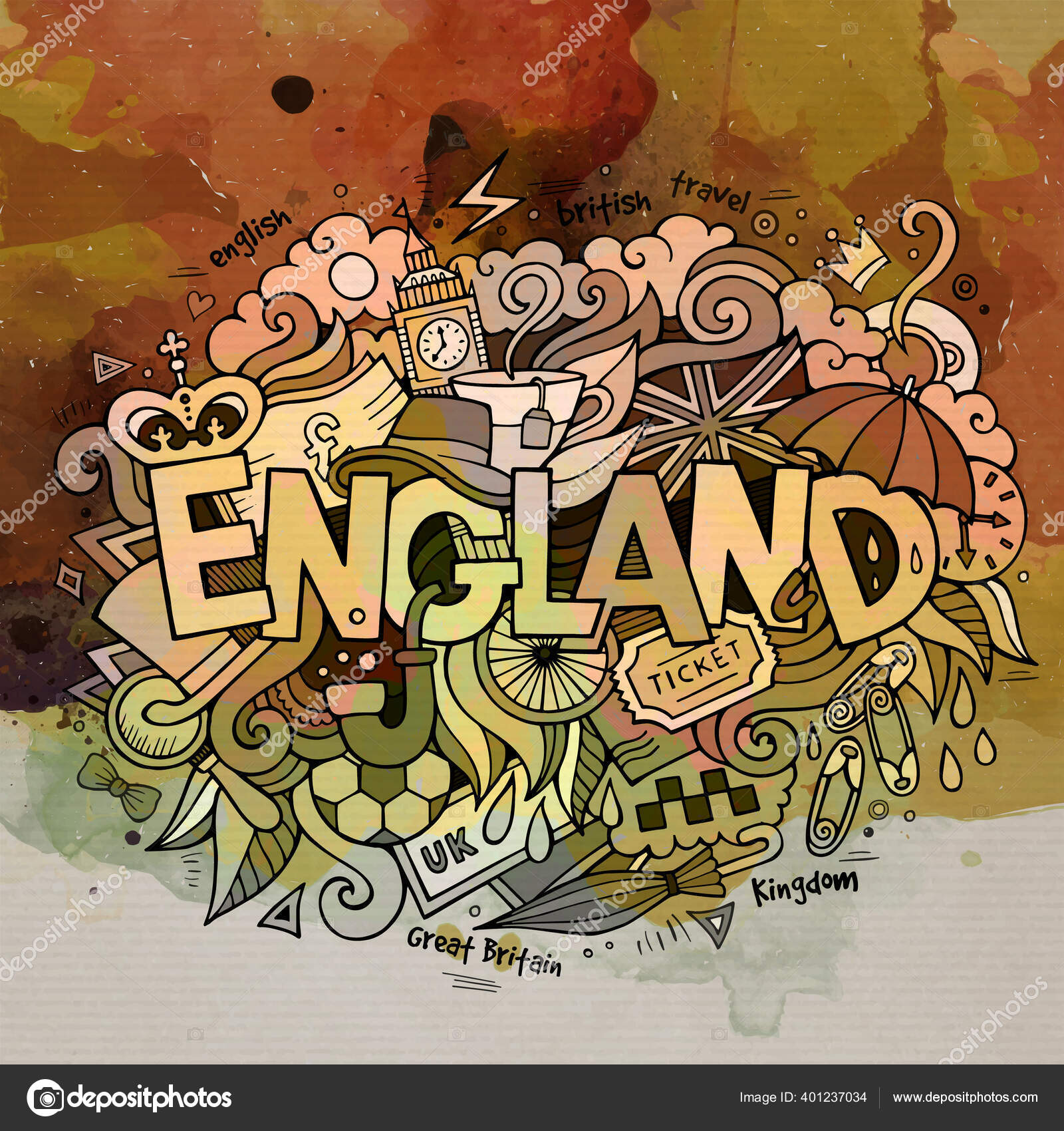 England Watercolor Hand Lettering Doodles Elements Background Vector ...