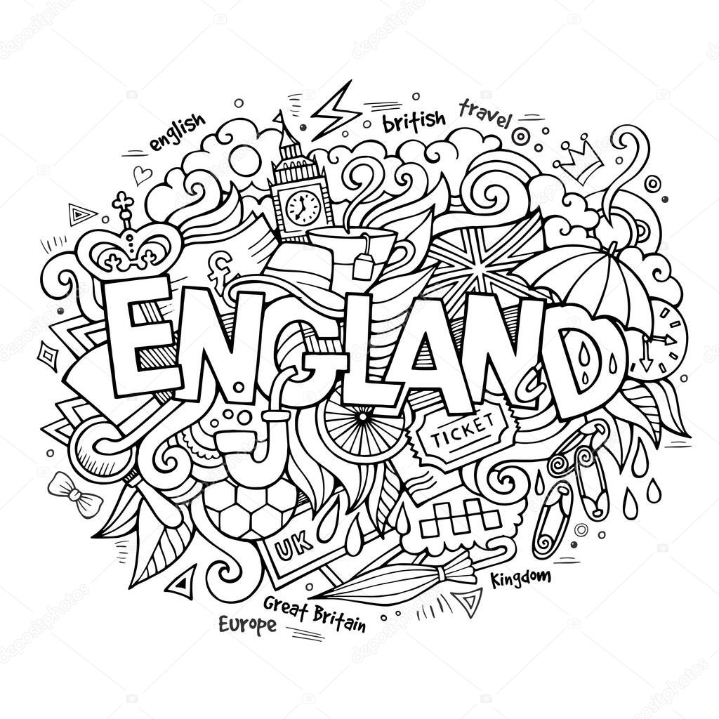 Inglaterra letras de la mano y doodles elementos de fondo. Ilustración ...