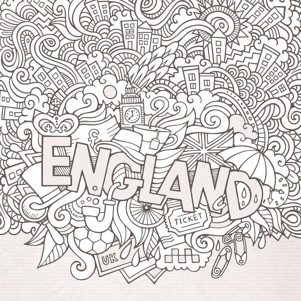 Inglaterra letras de la mano y doodles elementos de fondo. Ilustraci n ...