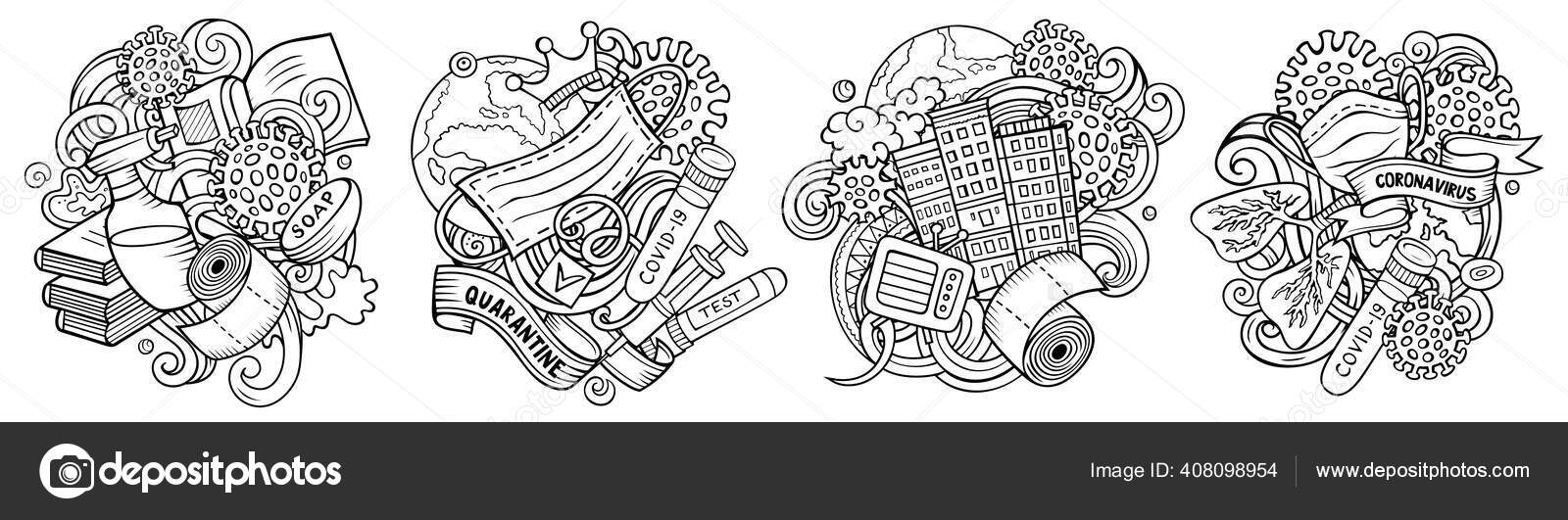 Epidemic Cartoon Raster Doodle Designs Set Sketchy Detailed ...