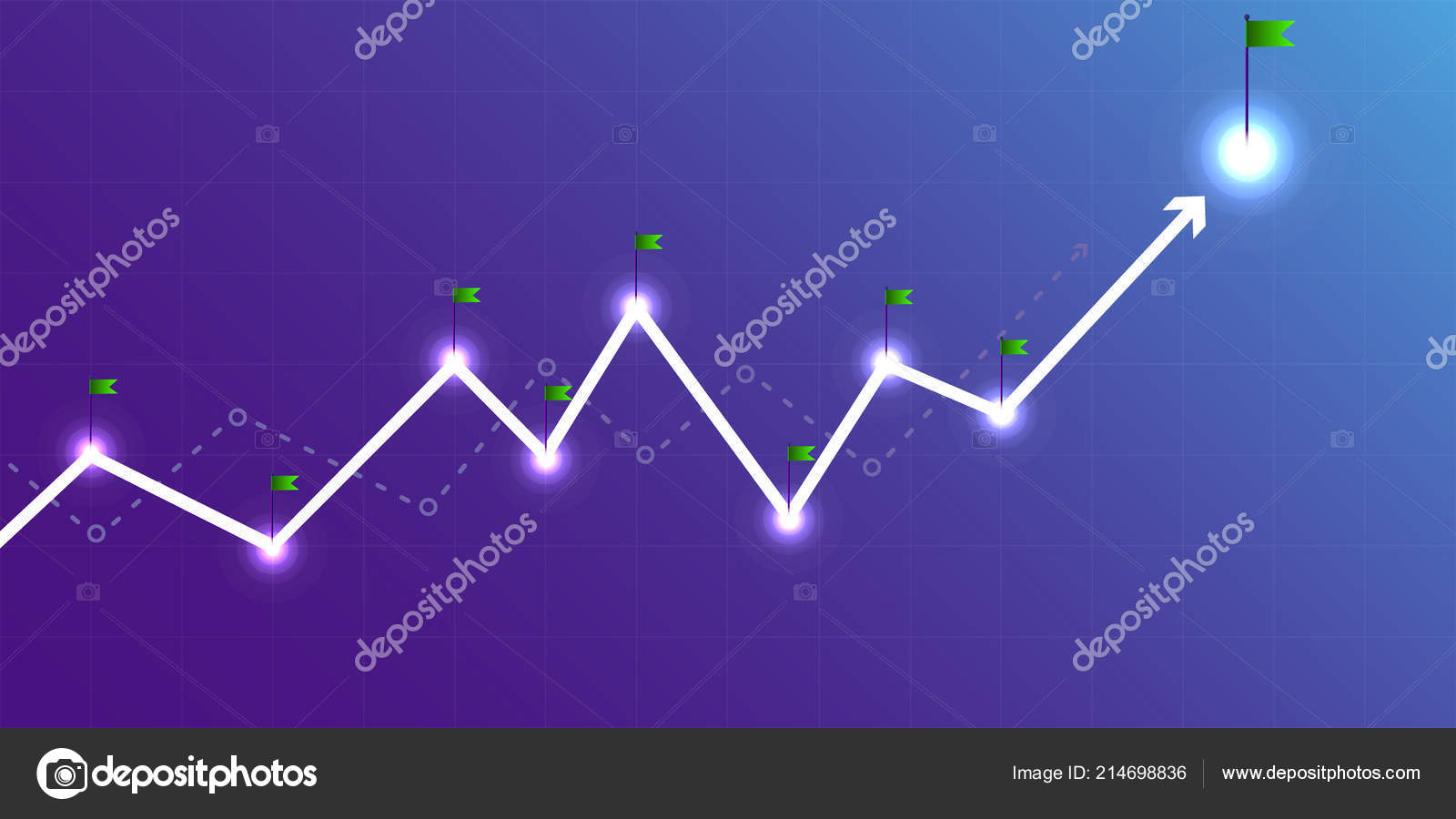 White Dotted Arrows Move Zigzag Upward Blue Gradient Background Grid ...