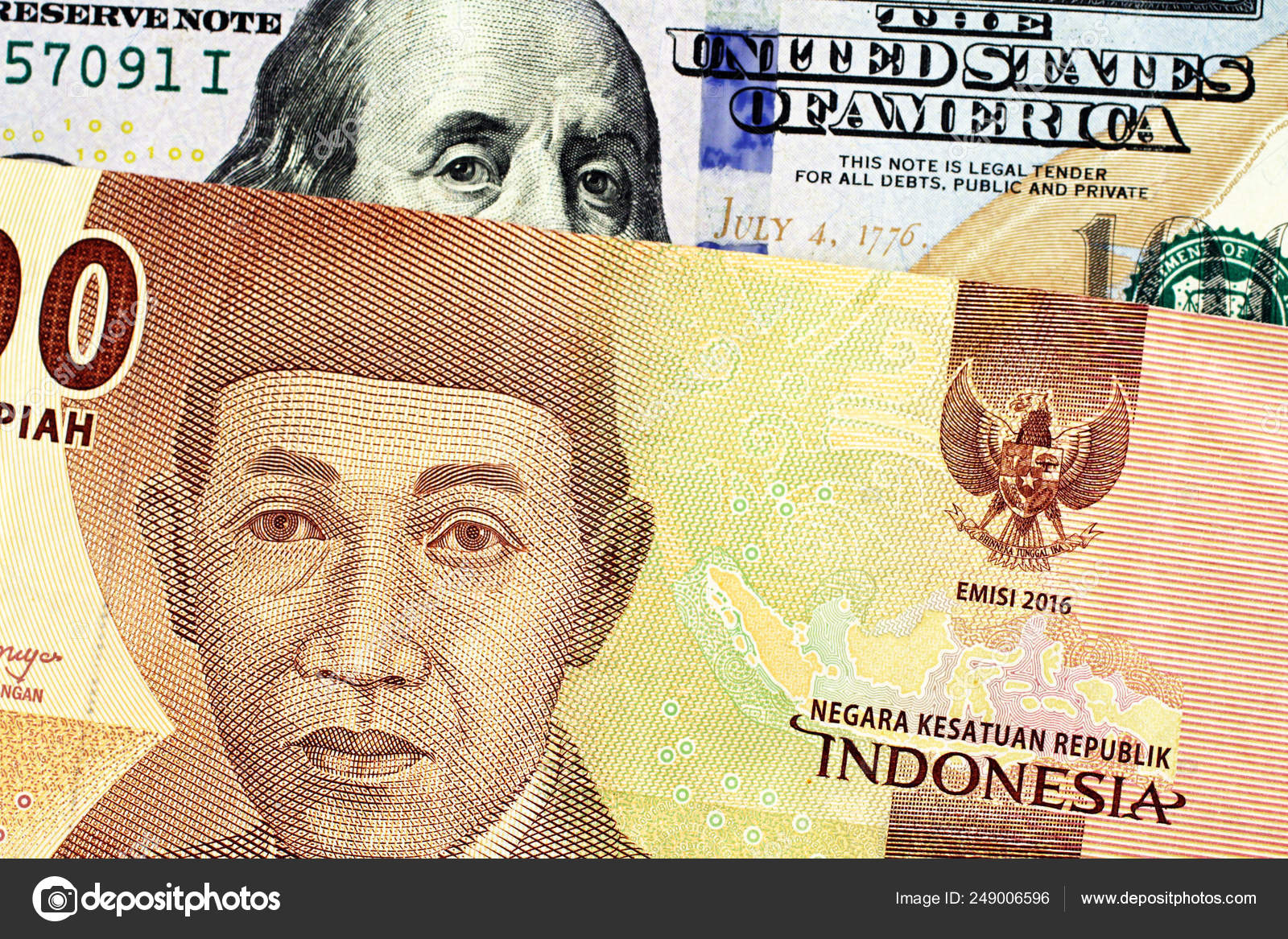 Orange Five Thousand Indonesian Rupiah Bank Note Blue One Hundred ...