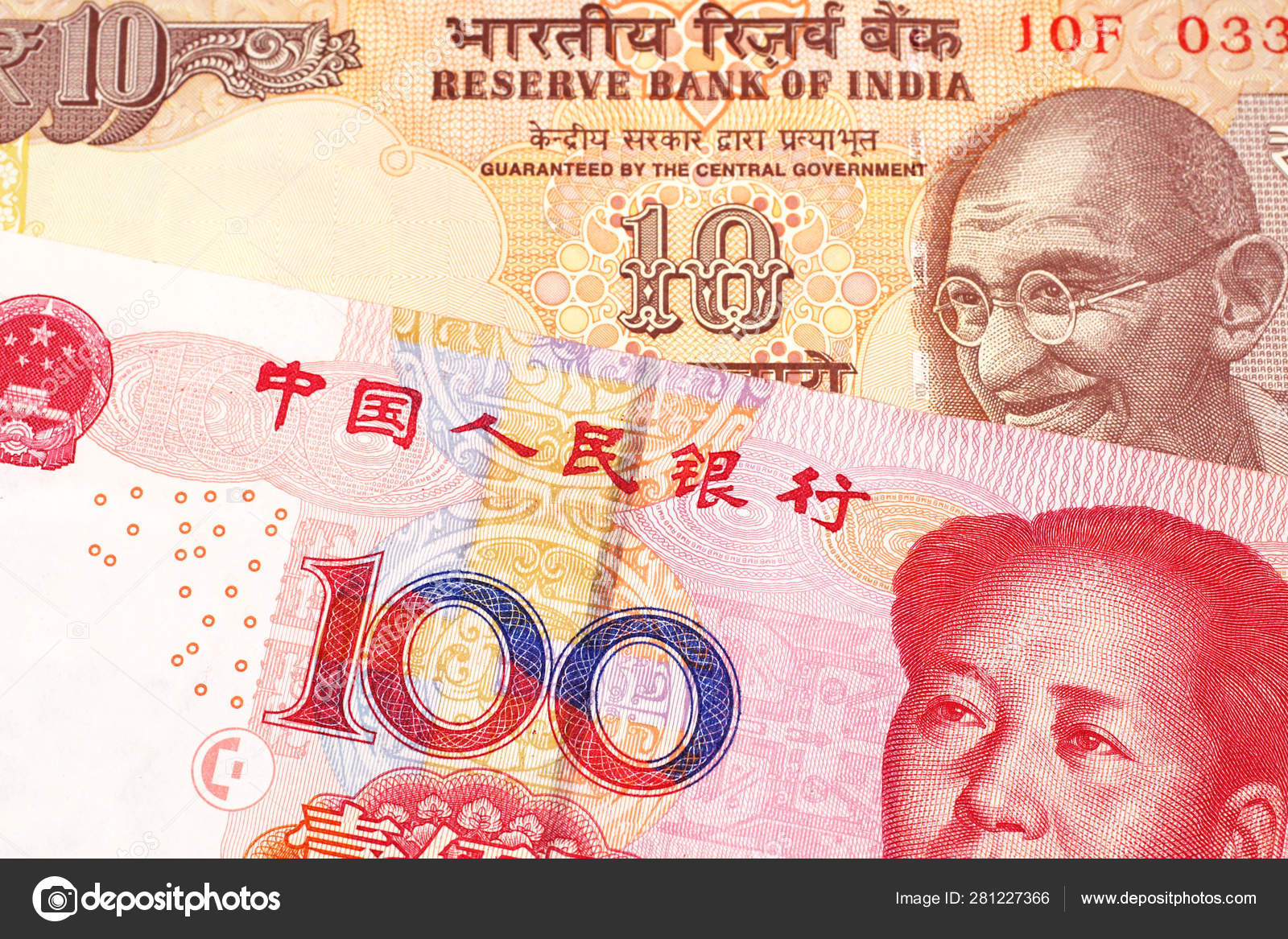 Orange Indian Ten Rupee Bill Close Red One Hundred Yuan — Stock Photo ...