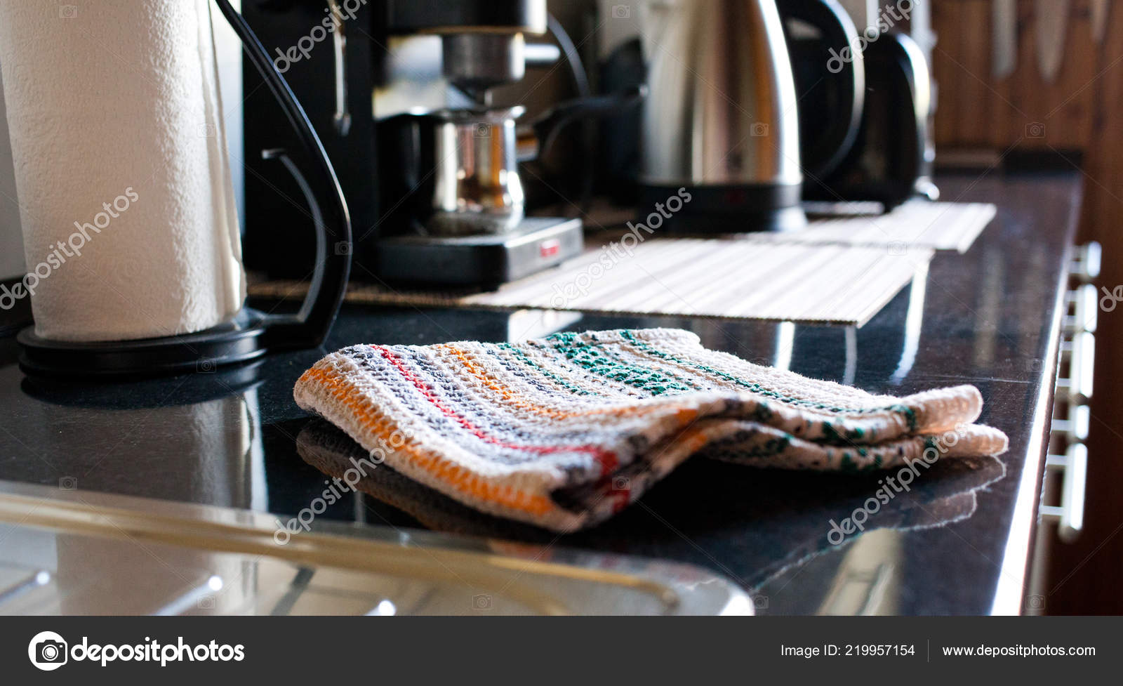 Blurred Rustic Kitchen Interior Focus Napkin Desk Space Stock Photo by ...