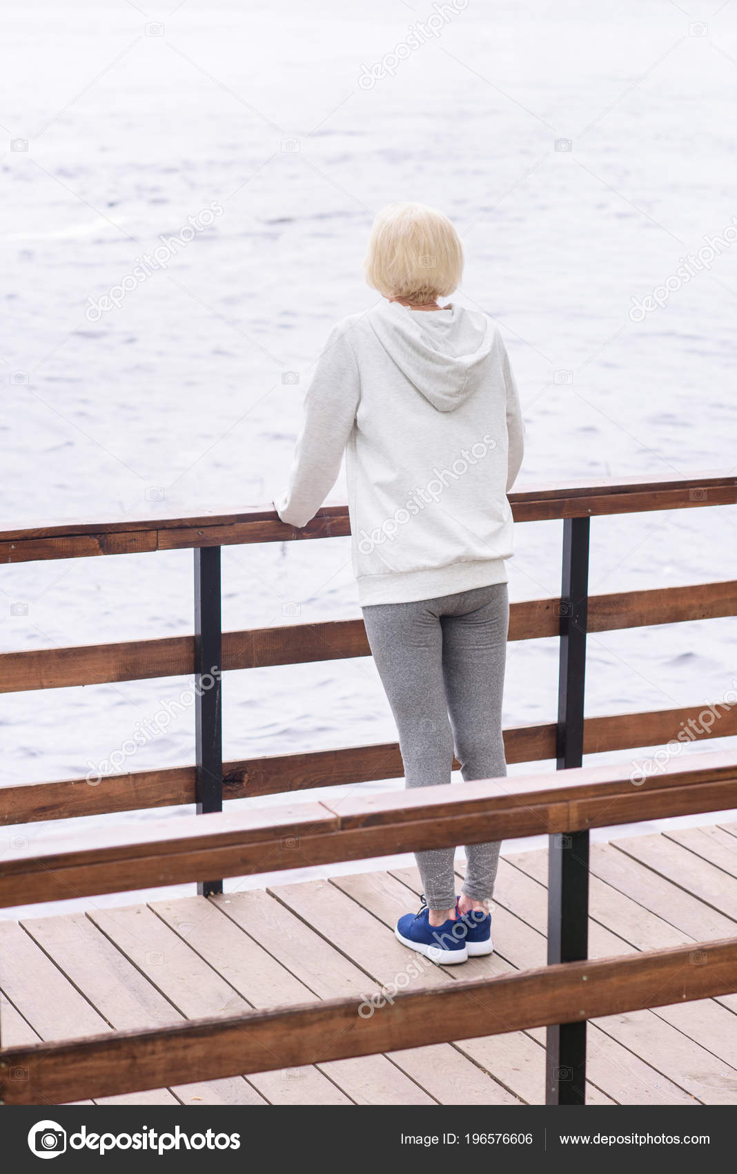 Back View Senior Woman Standing Railings Wooden Path River — Stock ...