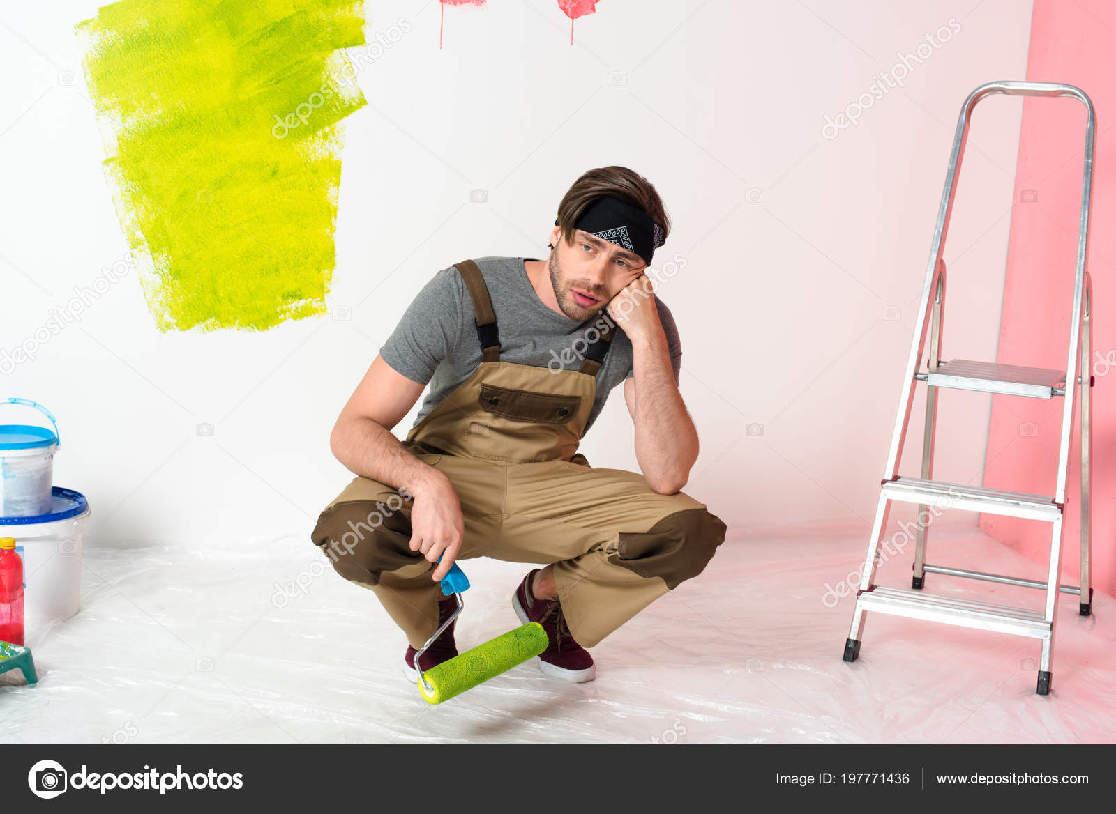 Tired Young Man Sitting Paint Roller Ladder Front Painted Wall Stock ...