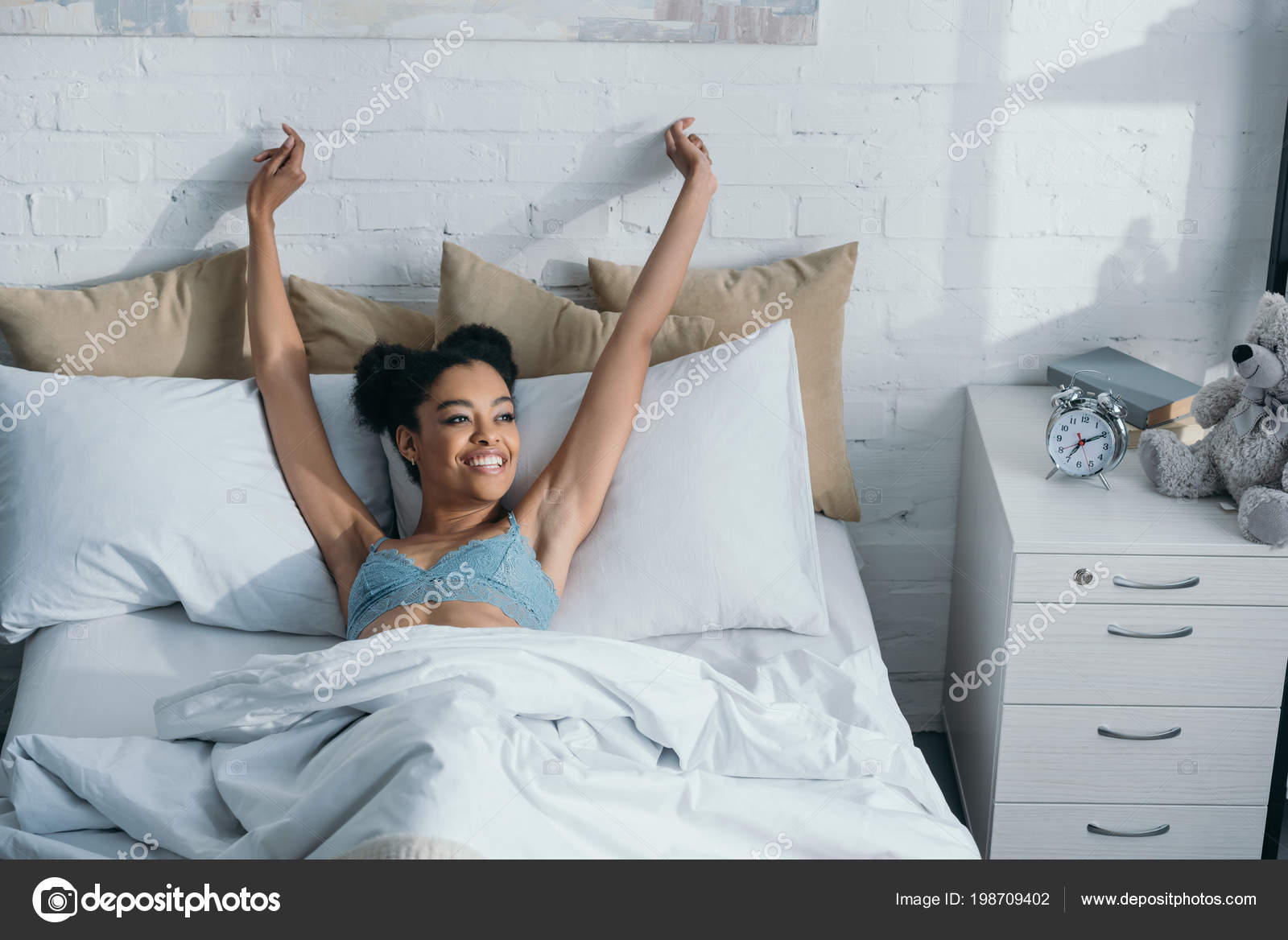 Smiling African American Girl Waking Stretching Bed — Stock Photo ...