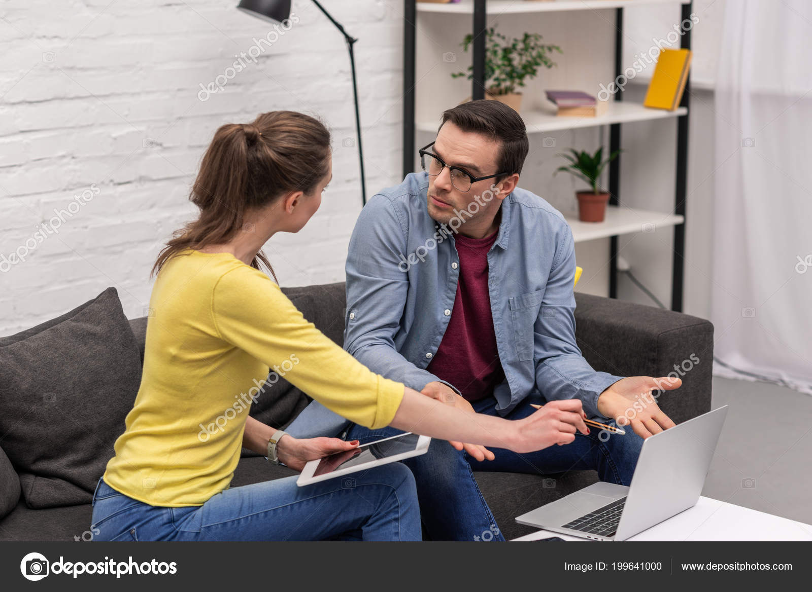 Beautiful Adult Couple Working Devices Home Together Stock Photo by ...