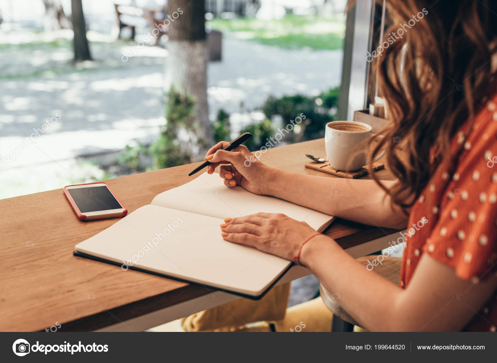 Cropped Shot Blogger Making Notes Notebook Table Cup Coffee Coffee ...