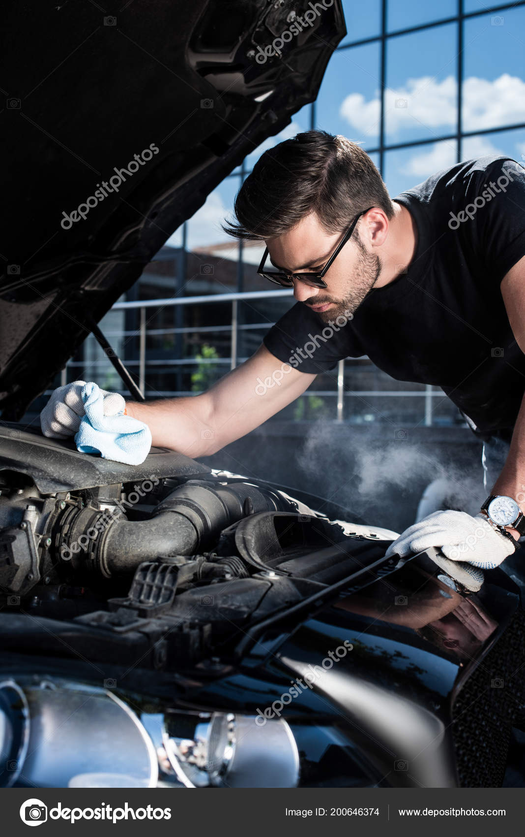 Handsome Young Man Working Gloves Holding Rag Looking Engine Broken ...