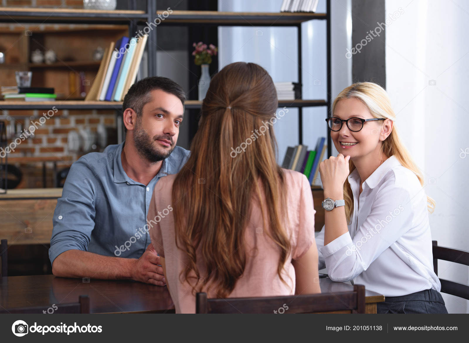 Couple Sitting Table Therapy Session Female Counselor Her Office Stock ...