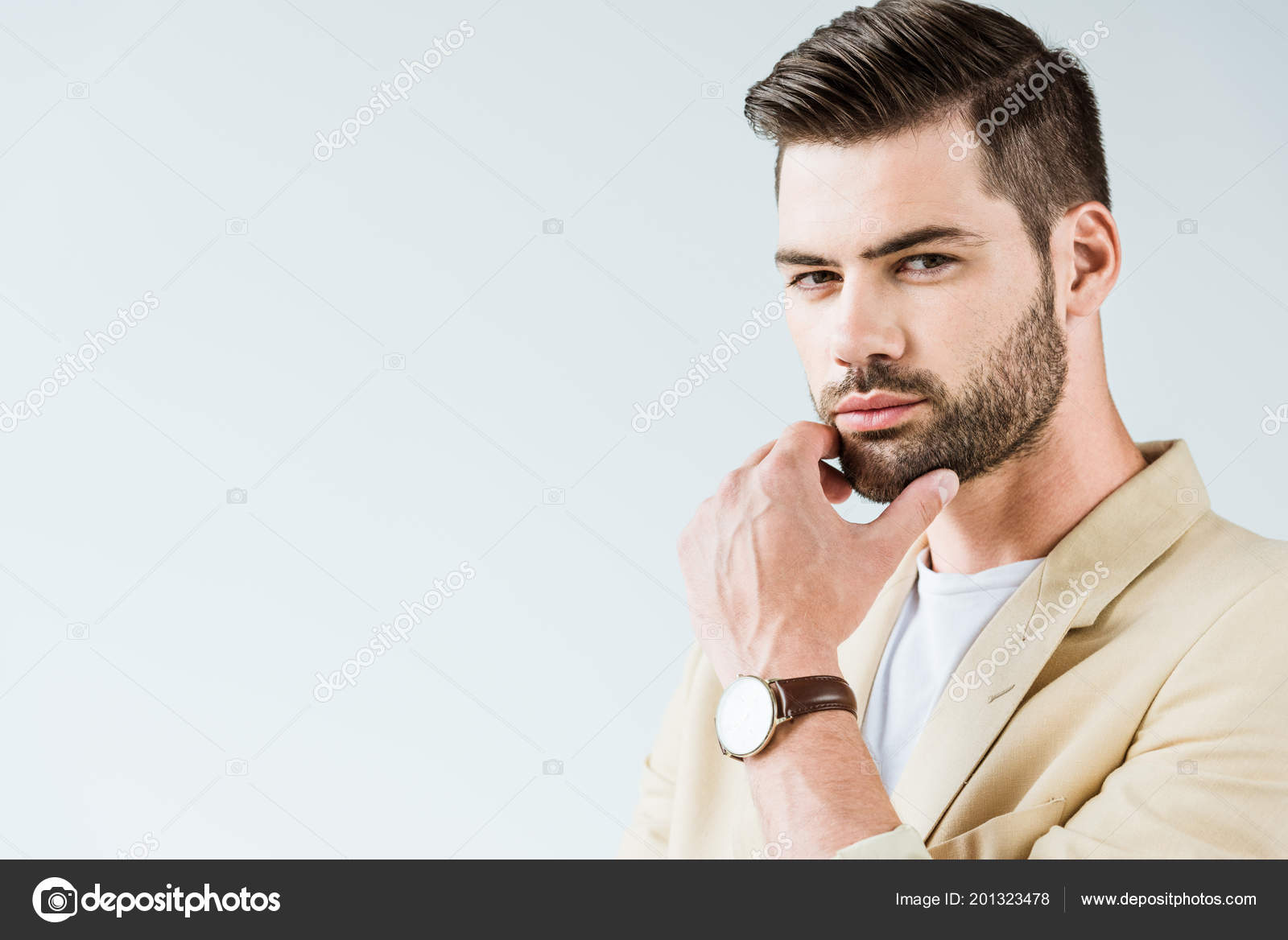 Fashionable Confident Man Hand Face Isolated White Background Stock ...