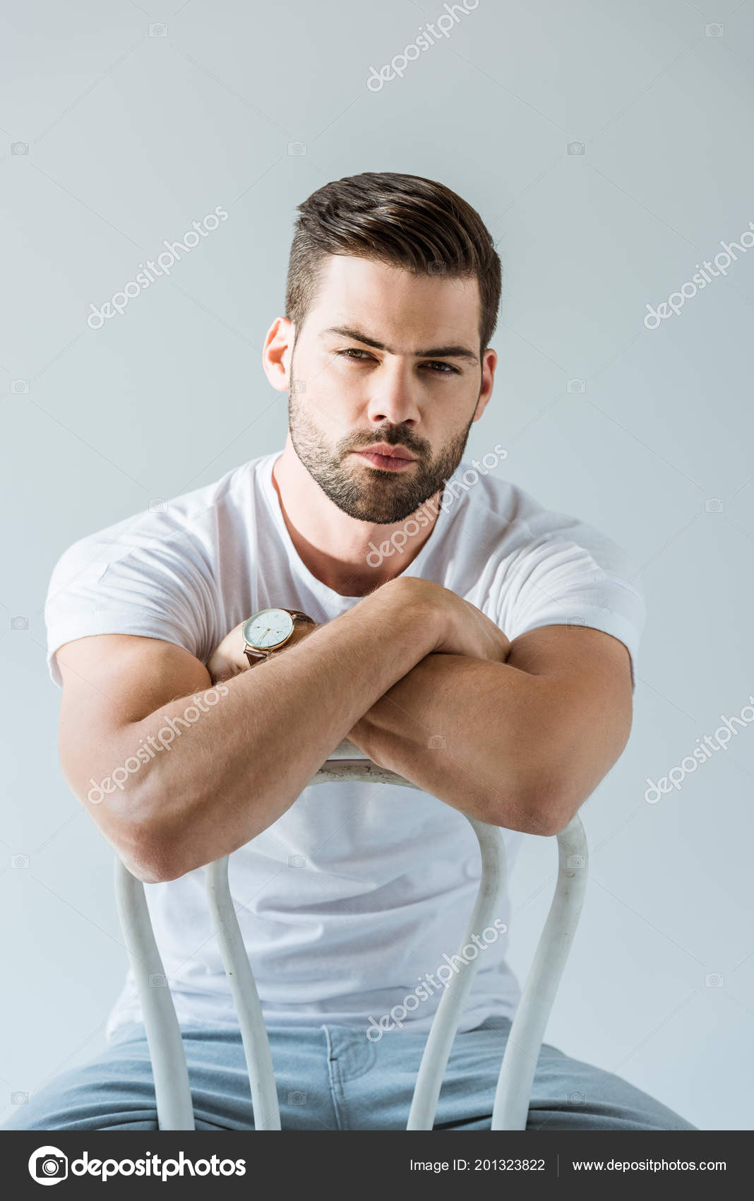 Handsome Bearded Man Sitting Chair Isolated White Background Stock