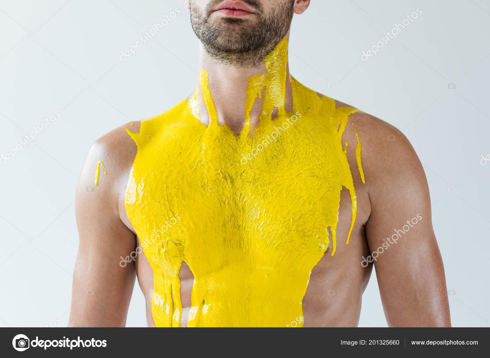 Bearded Man Covered Yellow Paint Isolated White Background Stock Photo ...