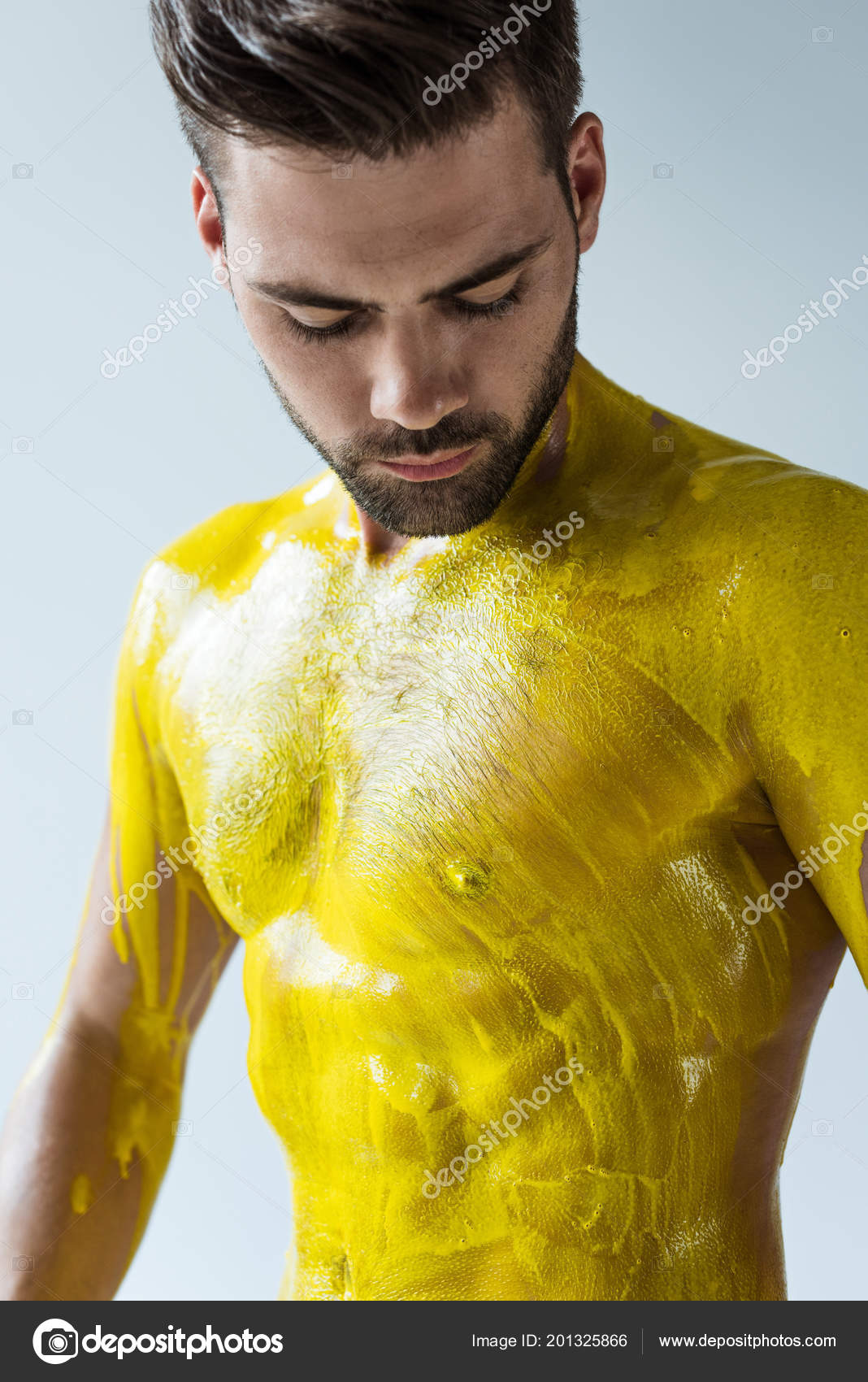 Man Looking His Body Painted Yellow Isolated White Background — Free ...