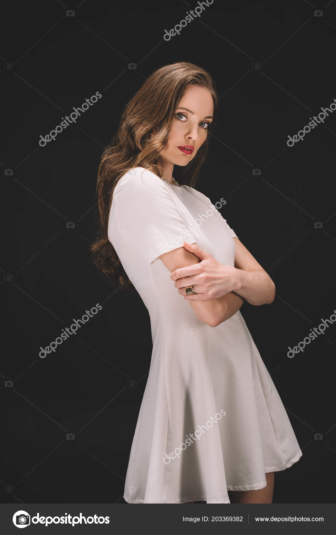 Attractive Female Model Crossed Arms Looking Camera Isolated Black ...