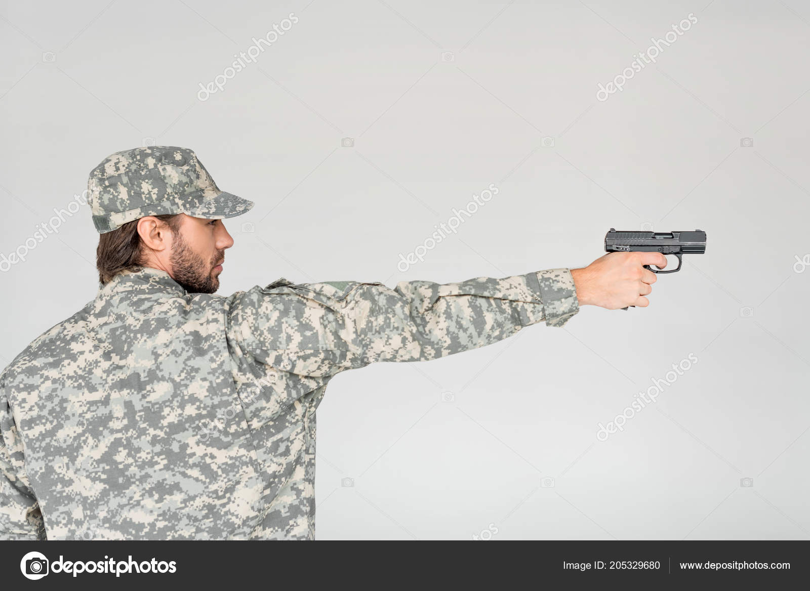 Side View Male Soldier Military Uniform Holding Gun Isolated Grey ...