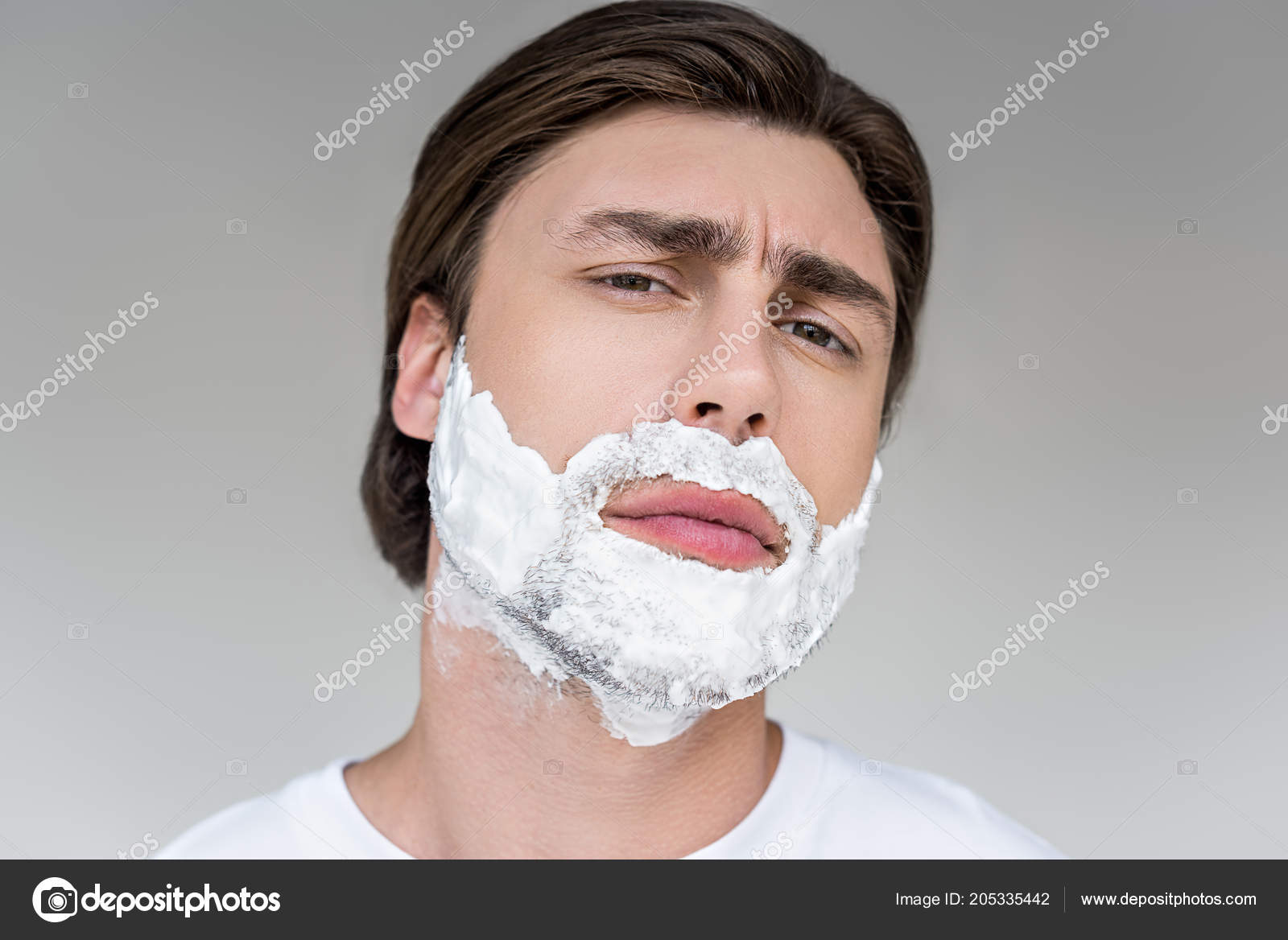 Portrait Handsome Man Shaving Foam Face Looking Camera Isolated Grey — Stock Photo ...