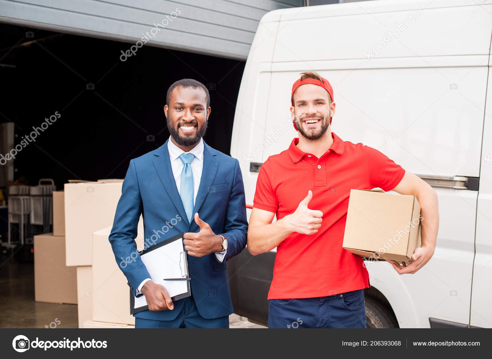Portrait Smiling Multicultural Client Delivery Man Showing Thumbs Cargo ...