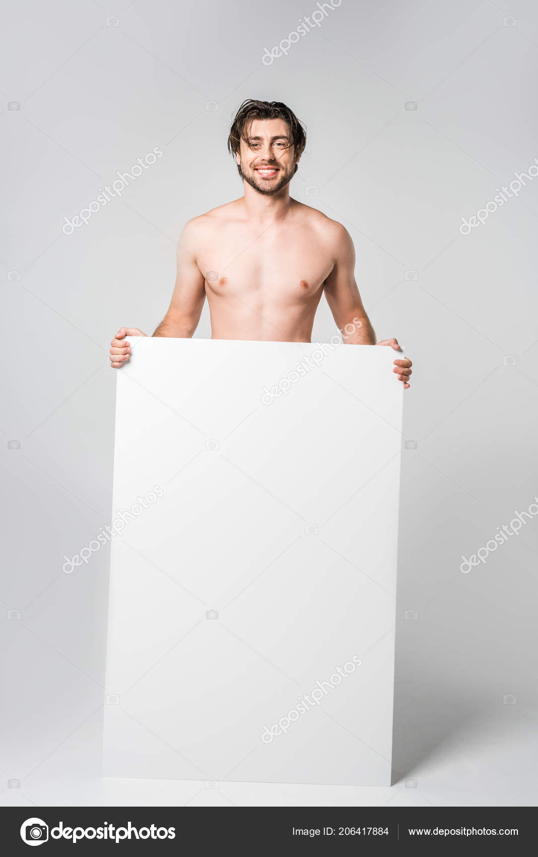 Smiling Handsome Man Blank Banner Grey Background — Free Stock Photo ...