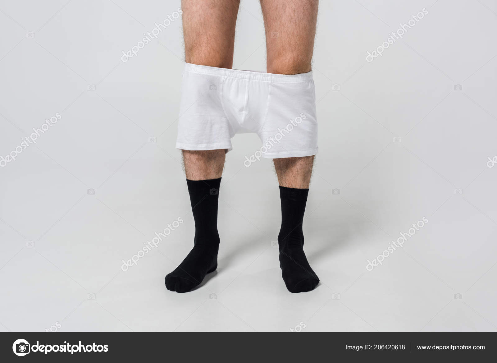 Cropped Shot Man Black Socks White Underwear Grey Backdrop — Stock Photo © IgorVetushko #206420618