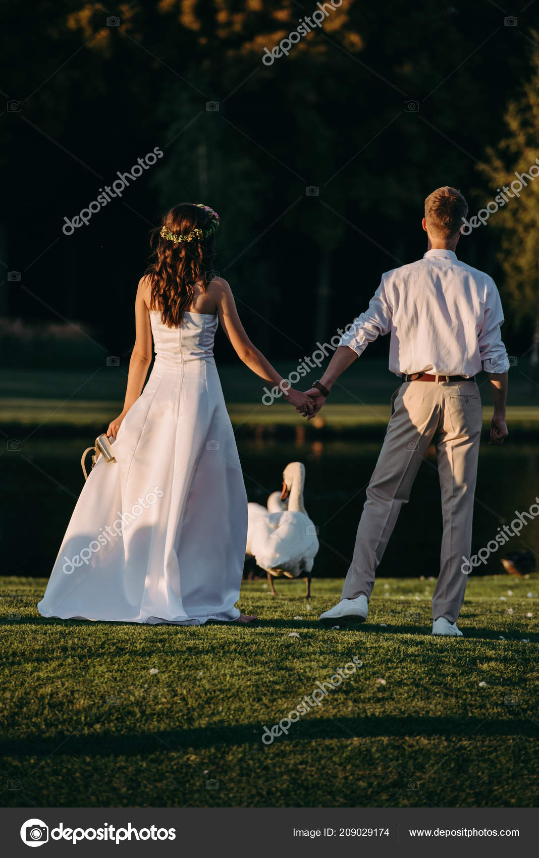 Back View Young Wedding Couple Holding Hands Standing Lake Beautiful ...