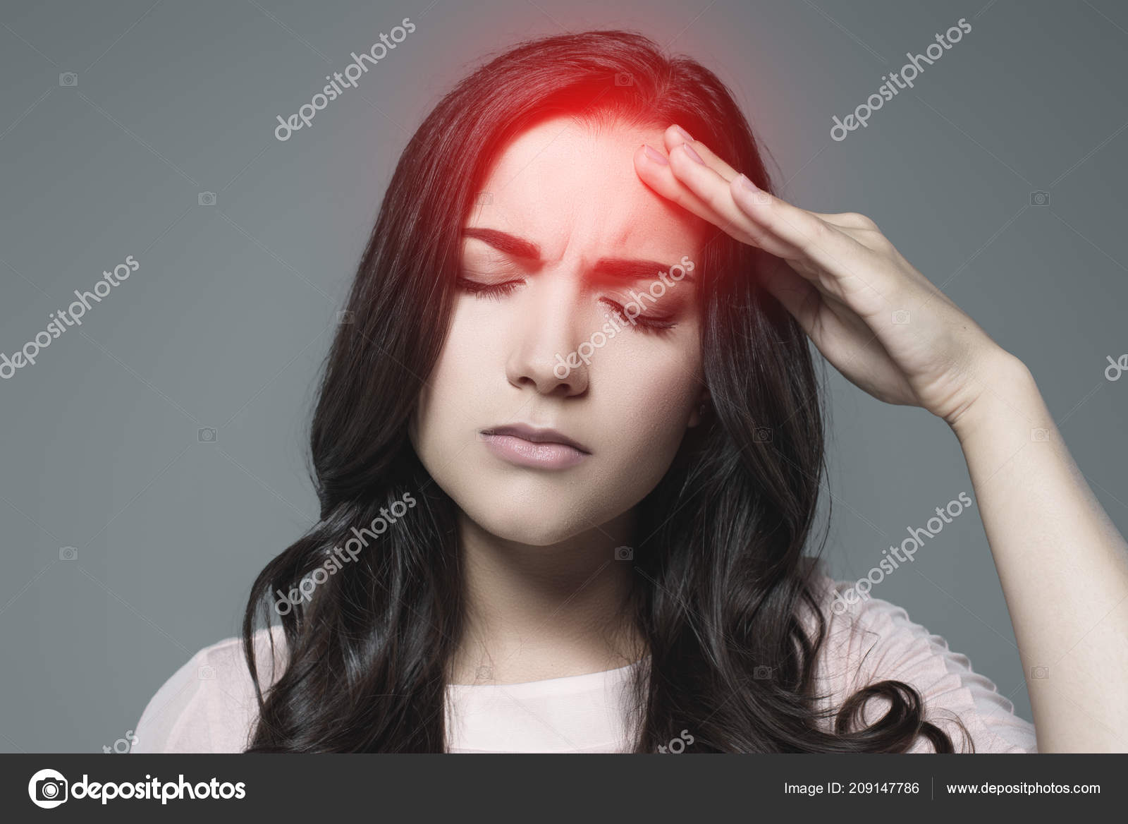 Sick Woman Suffering Headache Red Painful Point Isolated Grey — Stock ...