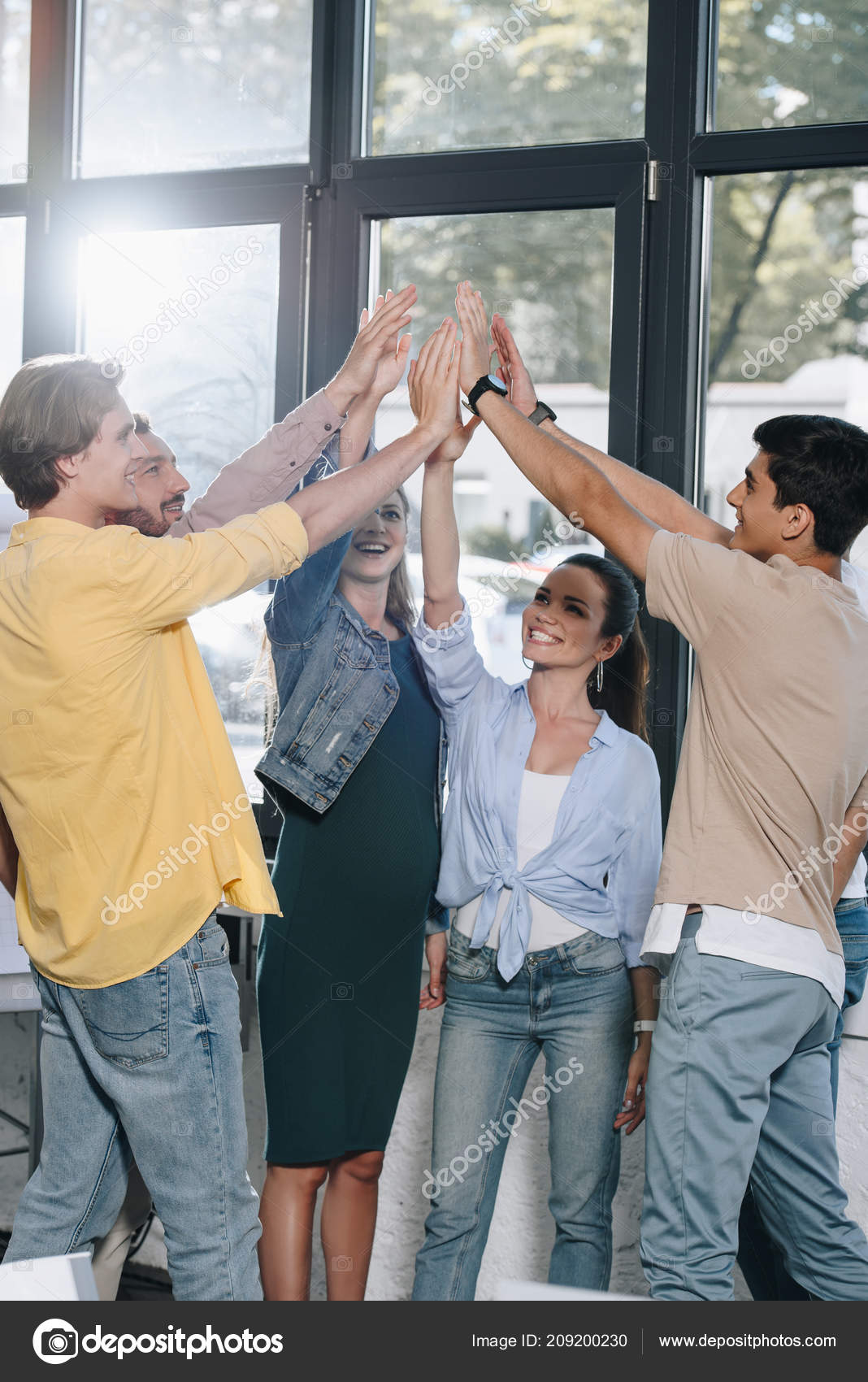 Businesspeople Celebrating Success Giving High Five Office — Stock ...