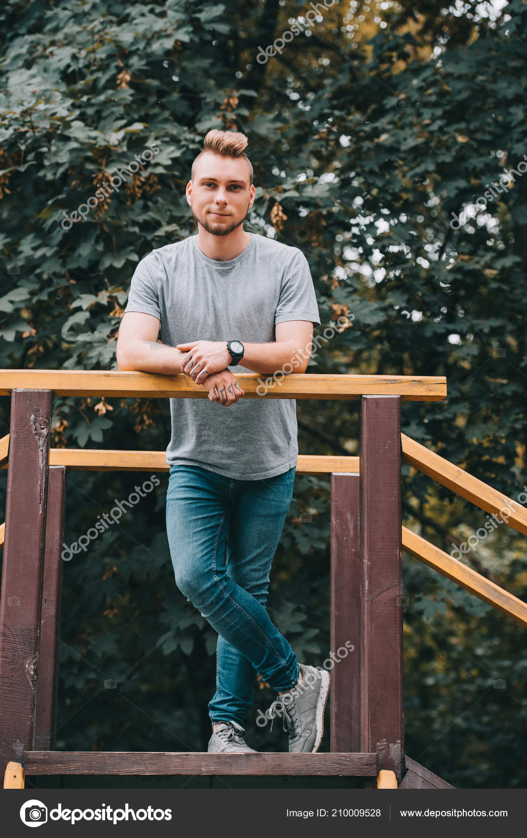 Handsome Man Leaning Railings Looking Camera Park — Stock Photo ...