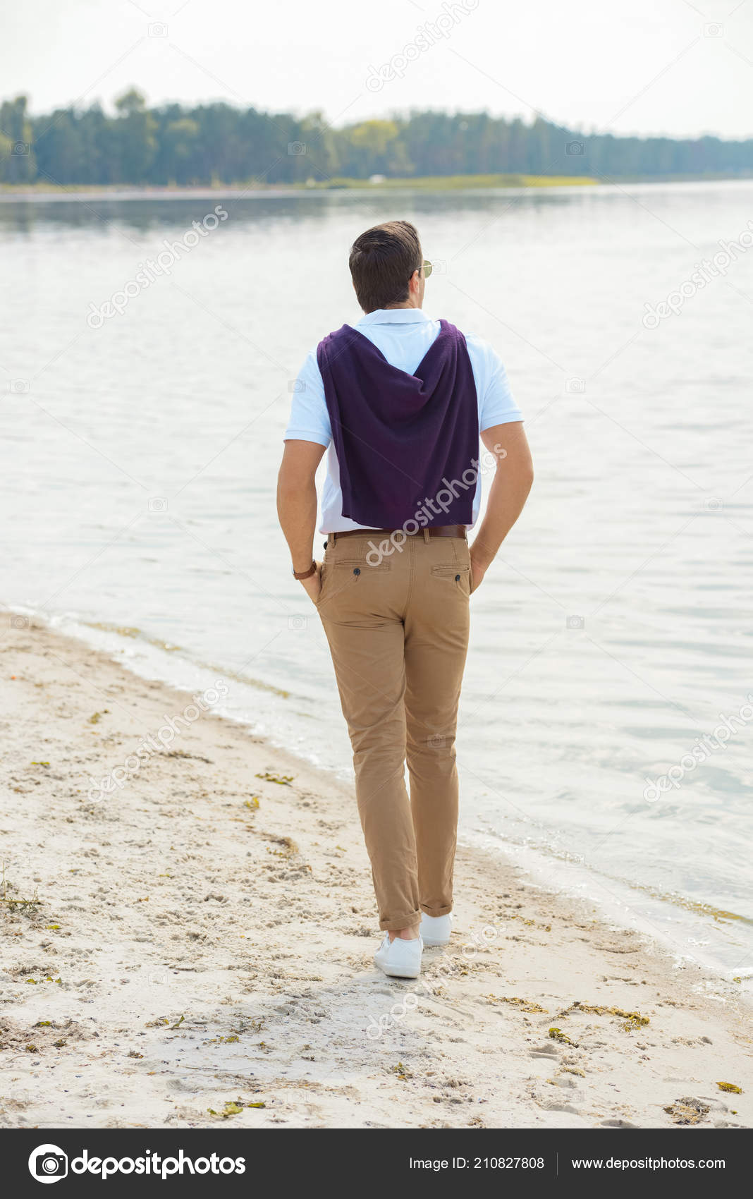 Back View Stylish Man Walking Alone Sandy Riverbank — Free Stock Photo ...