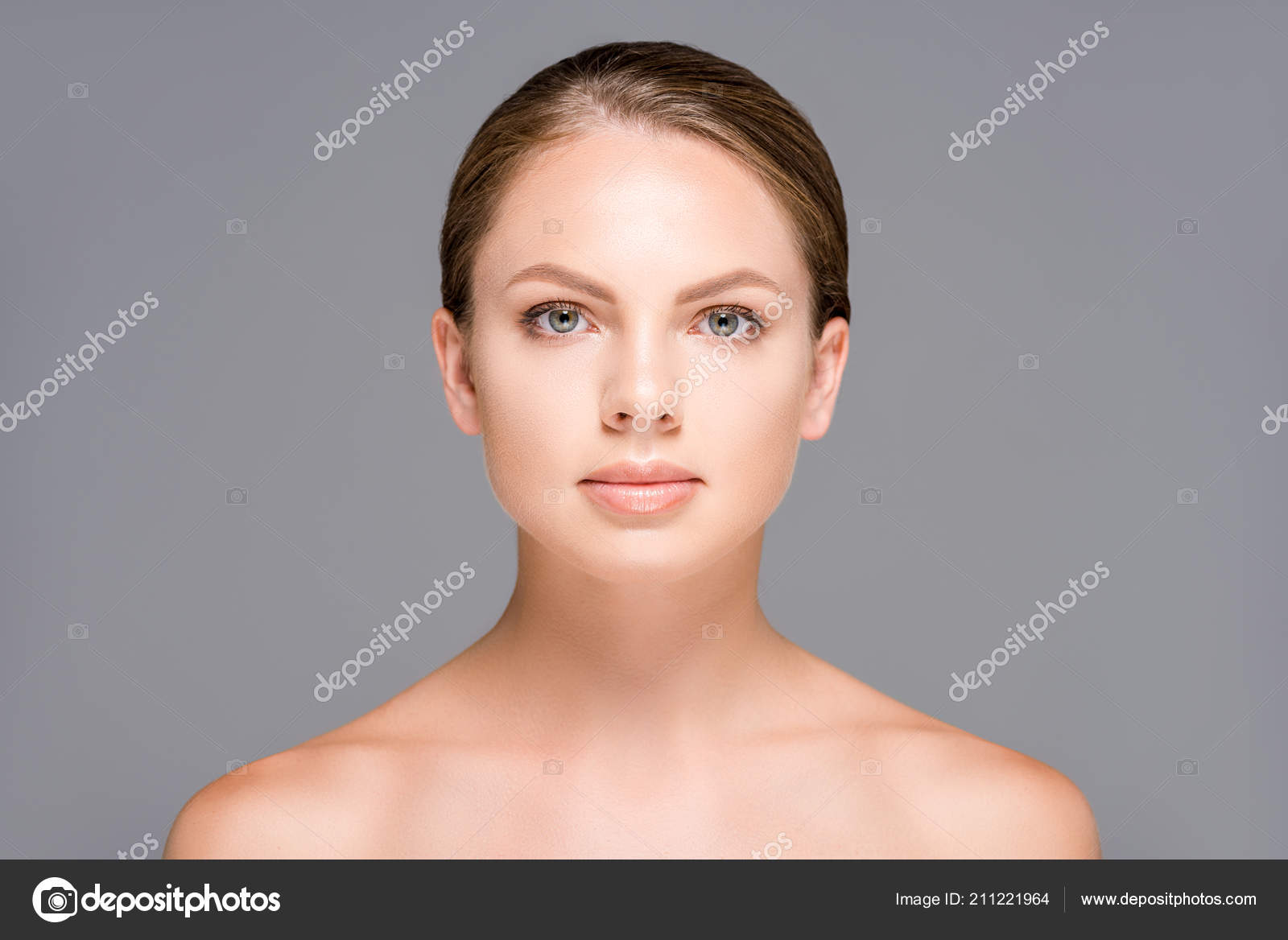 Portrait Beautiful Woman Bare Shoulders Perfect Skin Isolated Grey