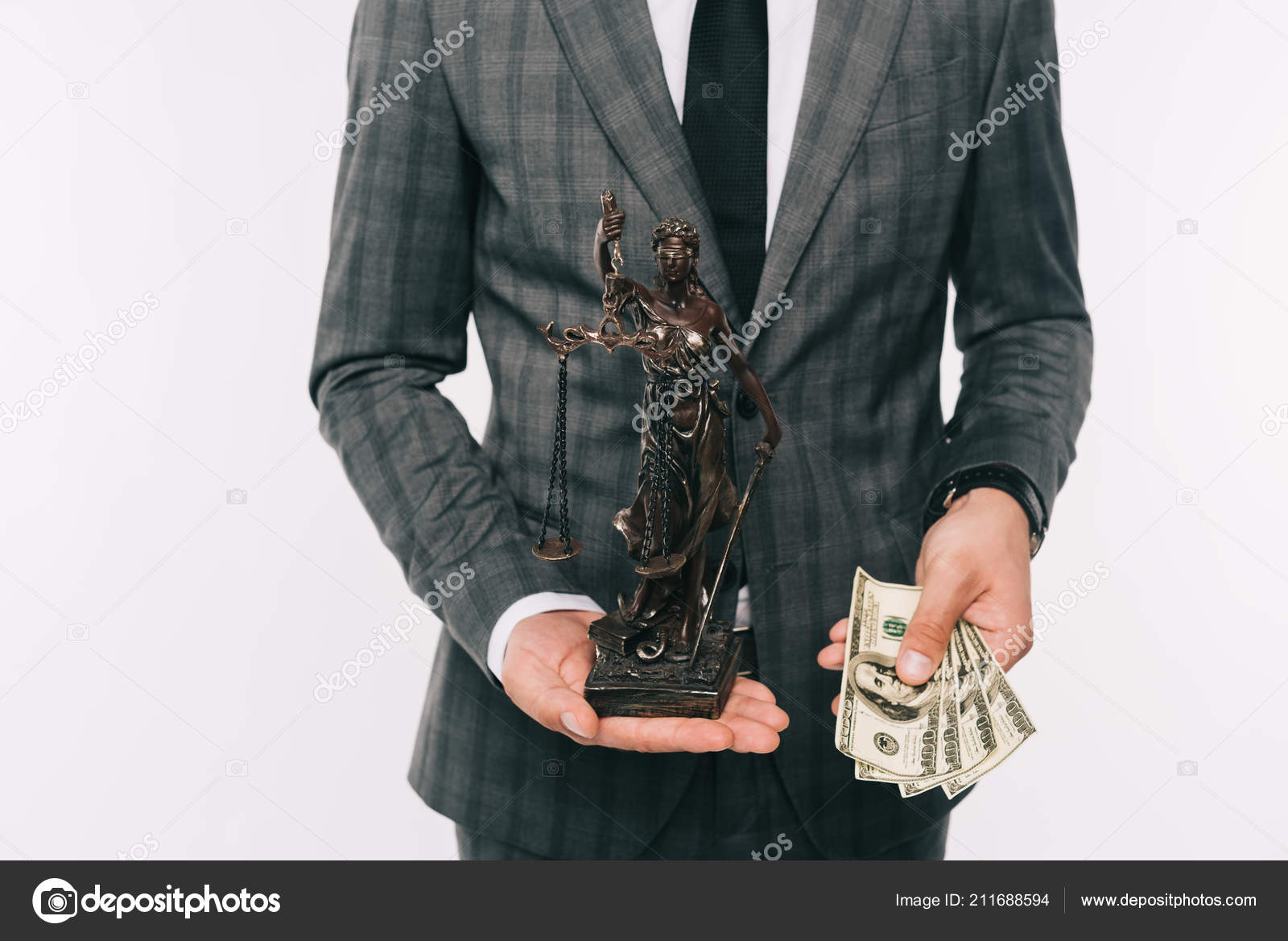 Cropped Image Businessman Holding Lady Justice Statue Cash Isolated ...