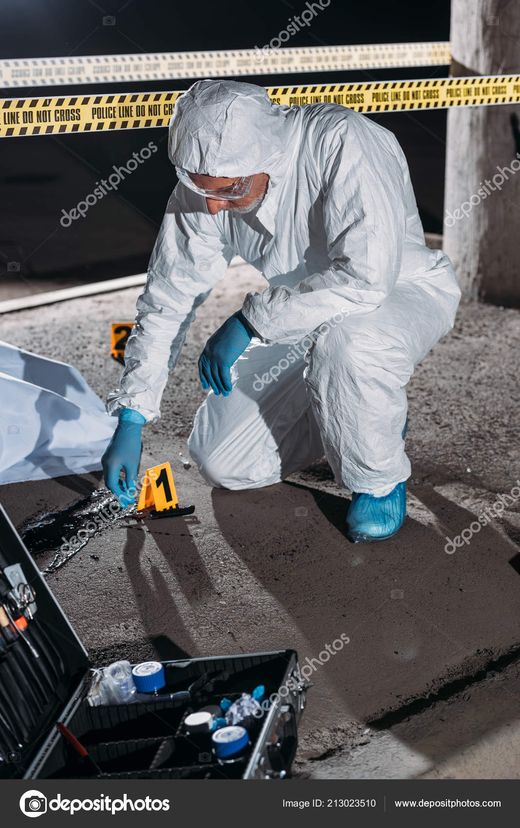 Male Criminologist Protective Suit Latex Gloves Collecting Evidence