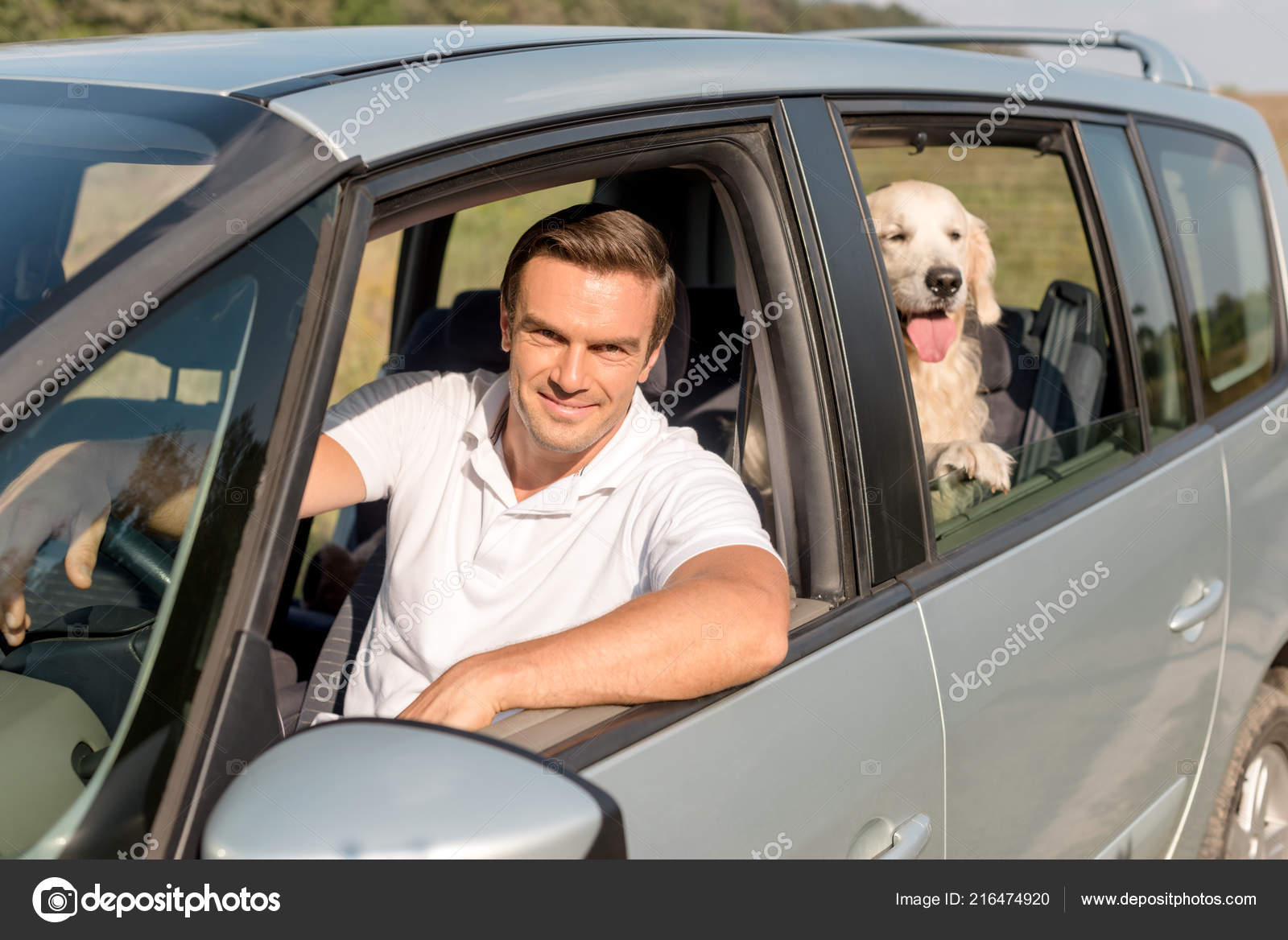Happy Man Retriever Dog Looking Out Window While Driving Car — Stock ...