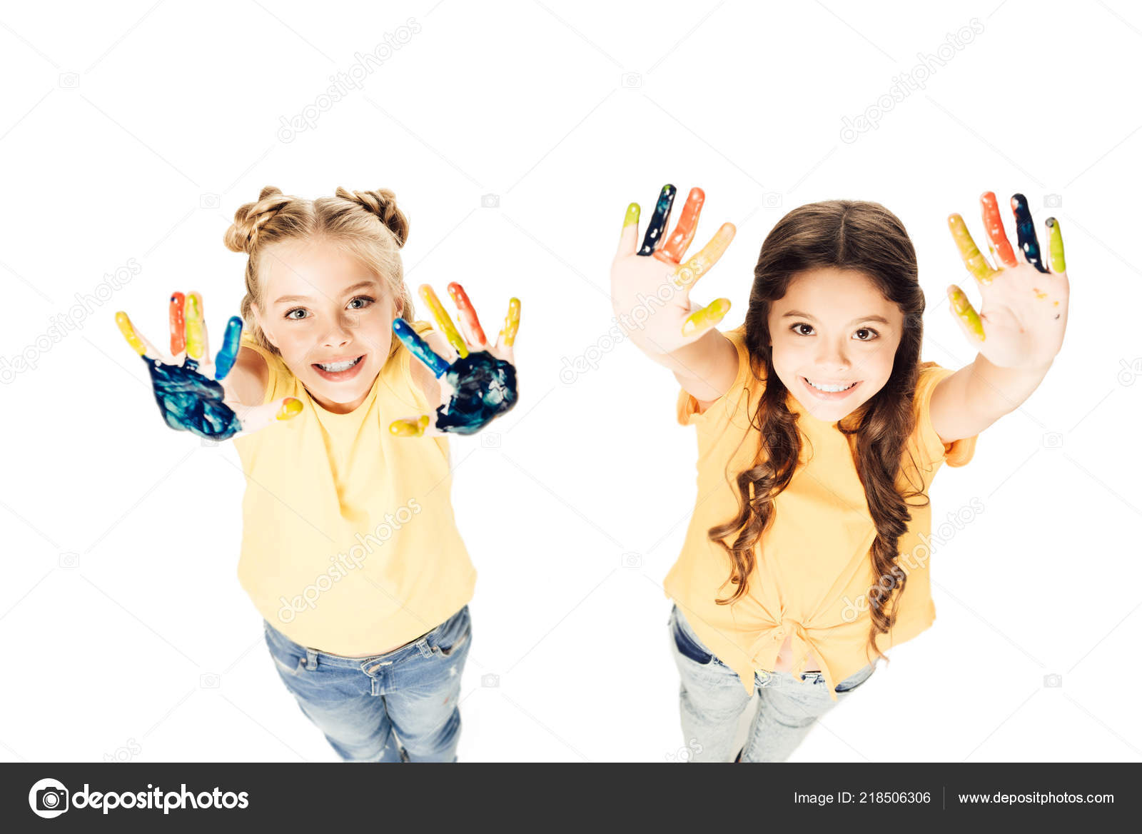 High Angle View Adorable Kids Showing Colorful Painted Hands Smiling ...