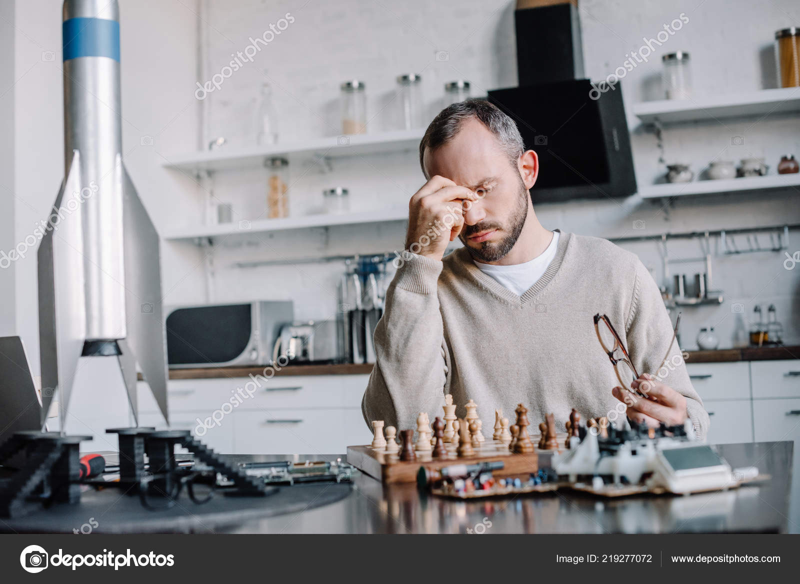 Tired Handsome Man Playing Chess Touching Nose Bridge Home — Stock ...