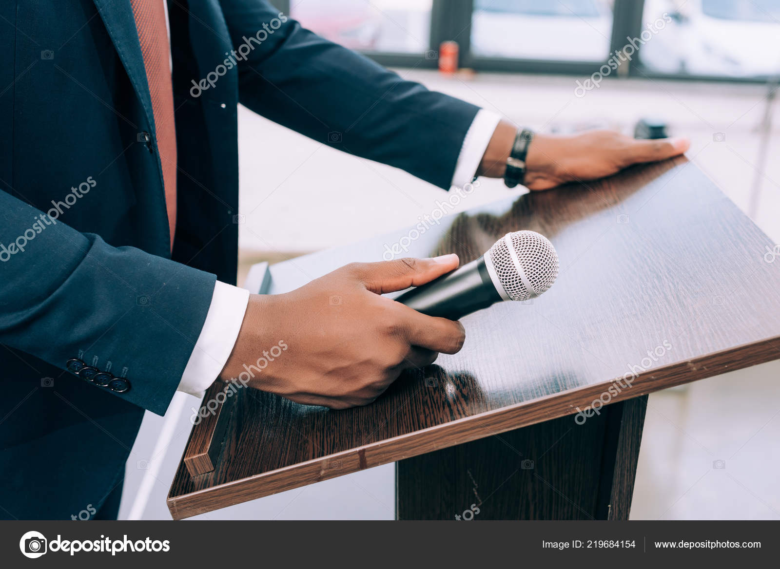 Cropped Image African American Lecturer Standing Podium Tribune ...