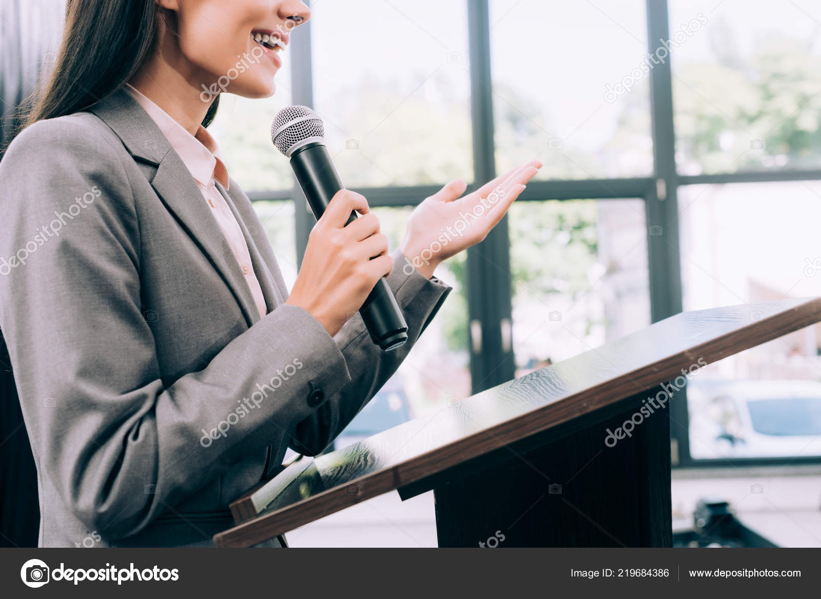 Cropped Image Smiling Lecturer Talking Microphone Gesturing Podium ...