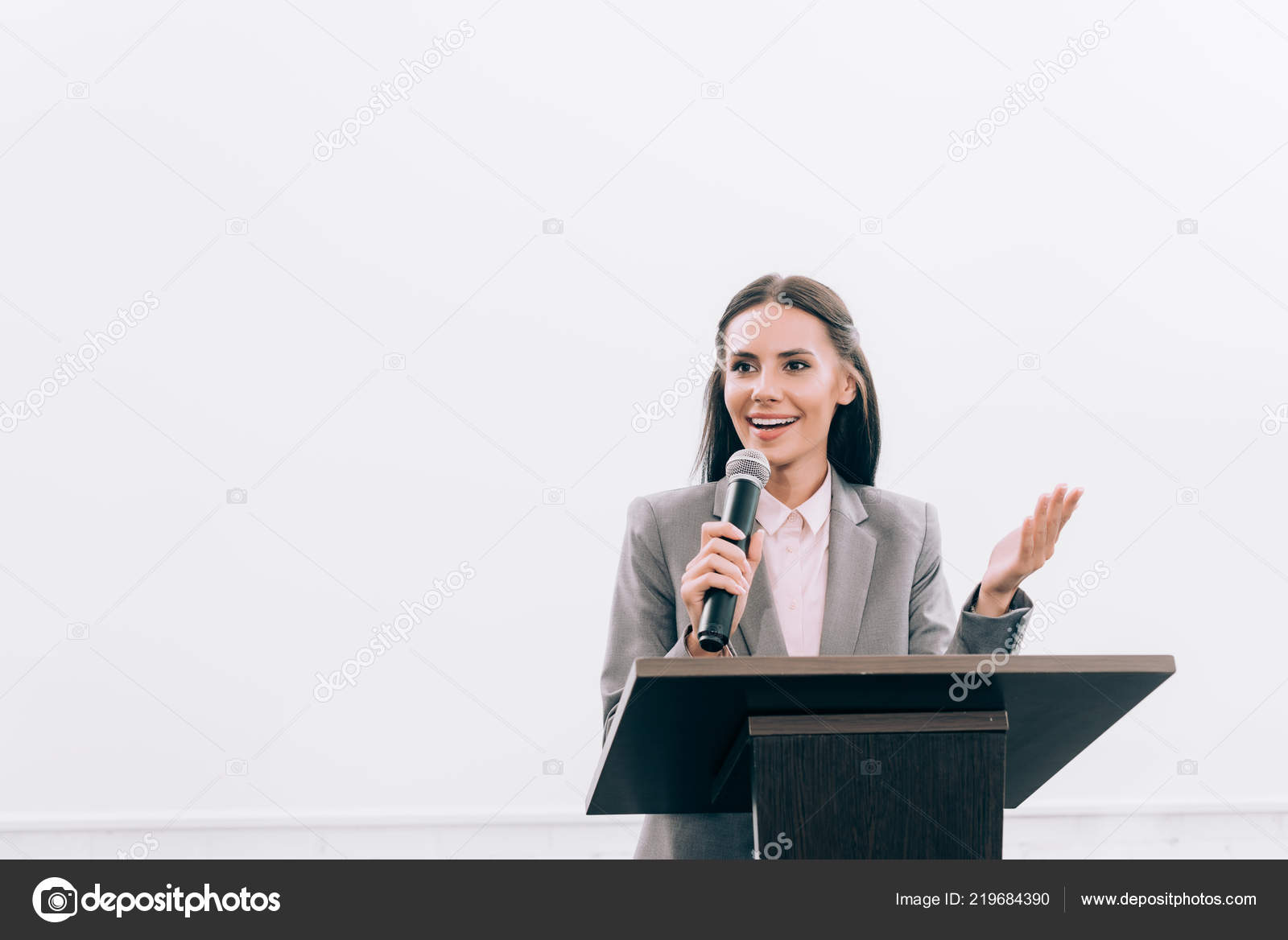 Attractive Smiling Lecturer Talking Microphone Gesturing Podium Tribune ...