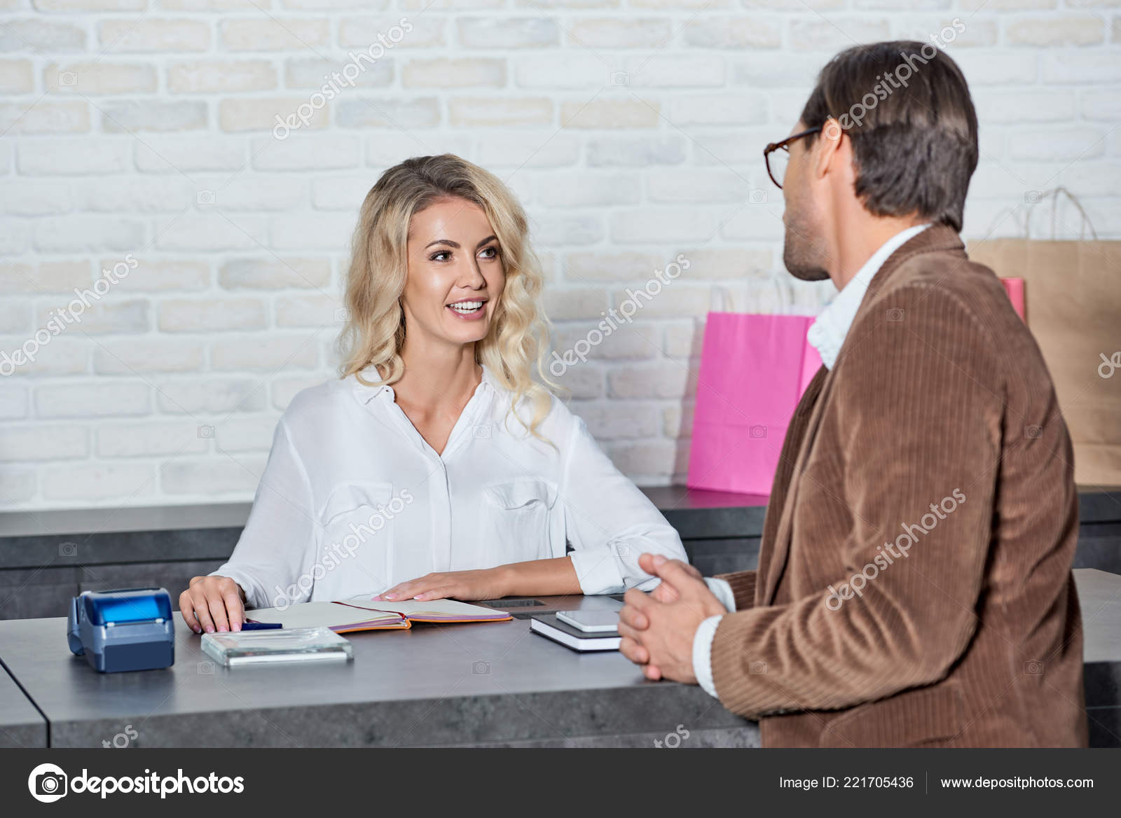 Handsome Young Customer Looking Beautiful Shop Worker — Stock Photo ...