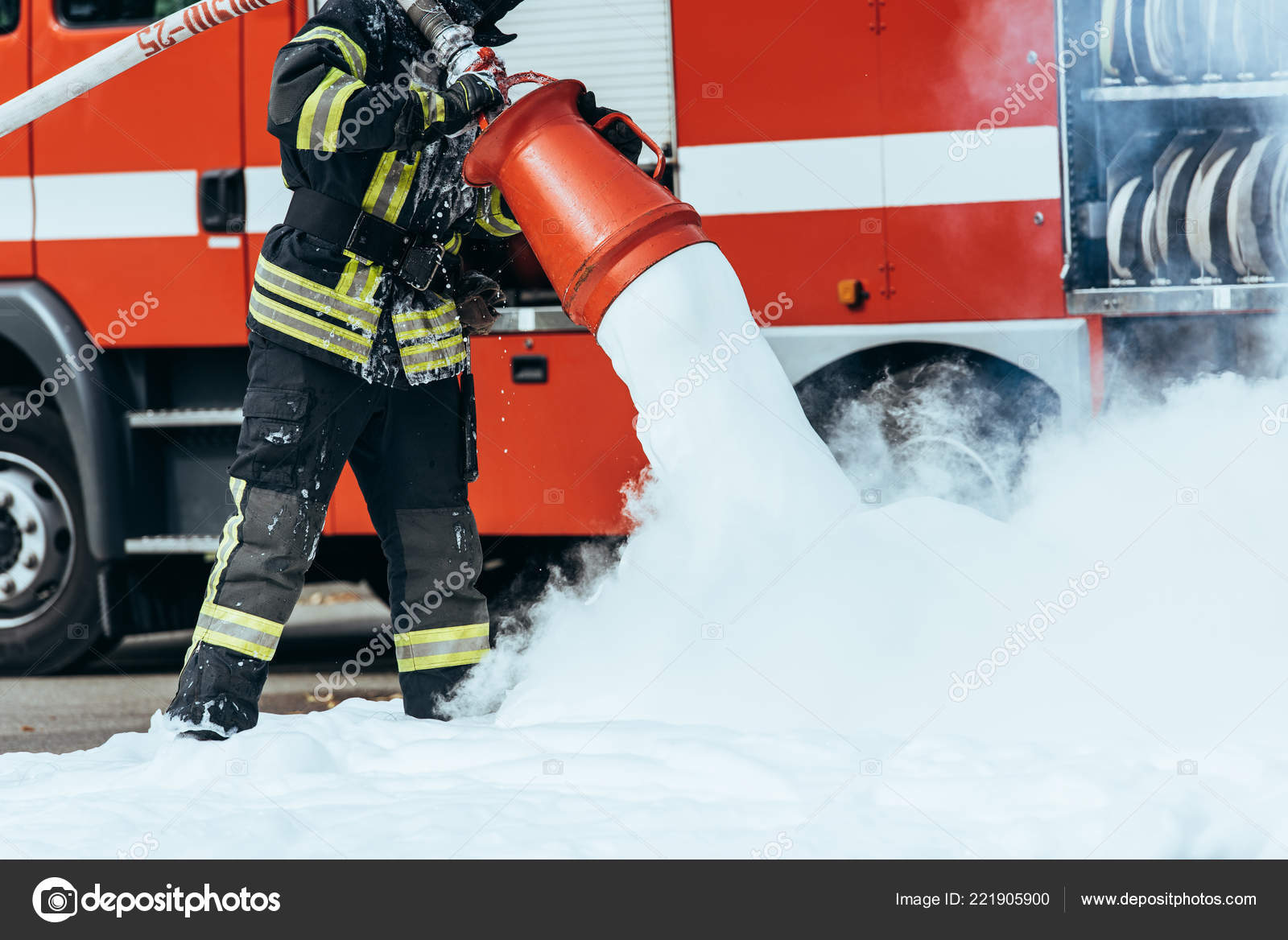 Cropped Shot Firefighter Extinguishing Fire Foam Street — Stock Photo ...