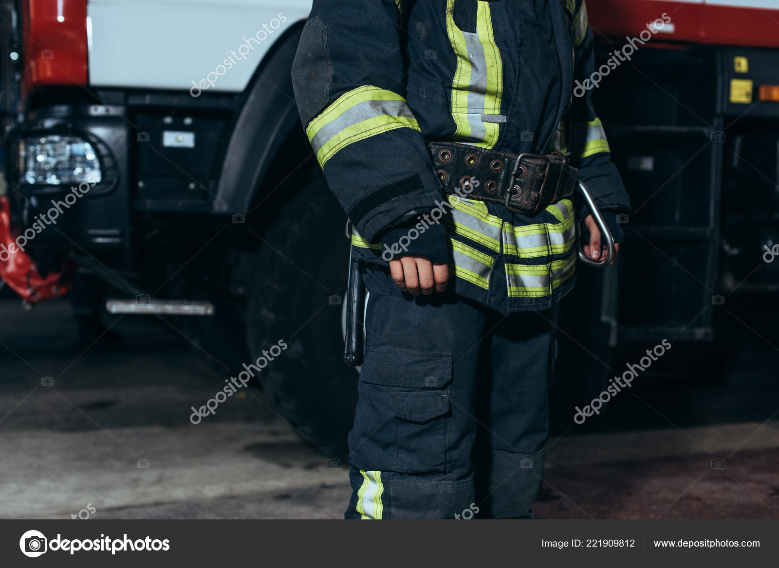 Partial View Firefighter Protective Fireproof Uniform Standing Fire ...