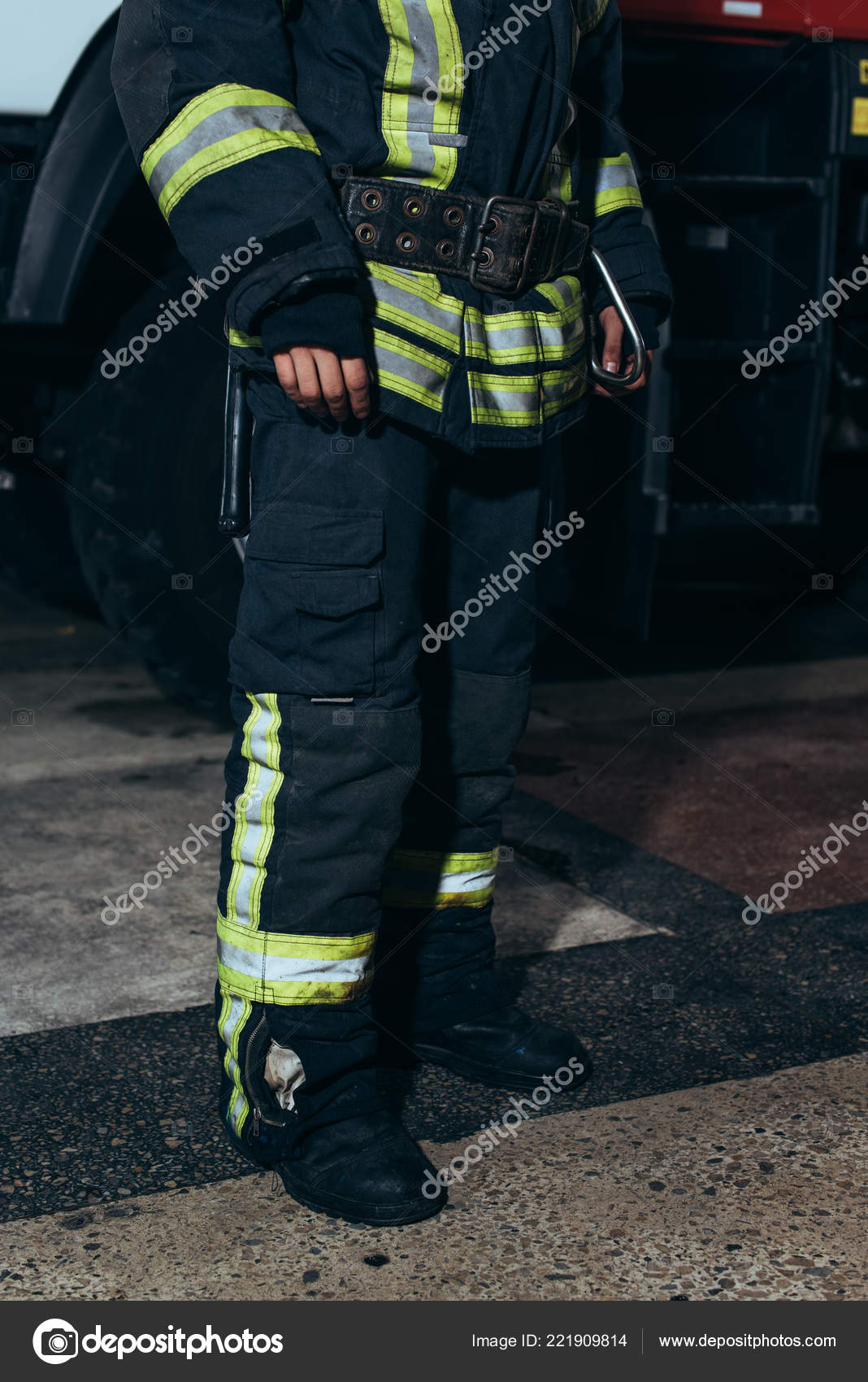 Partial View Firefighter Protective Fireproof Uniform Standing Fire ...