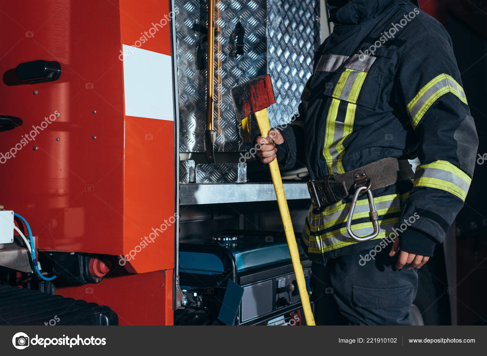 Partial View Firefighter Fireproof Uniform Holding Axe Fire Department ...